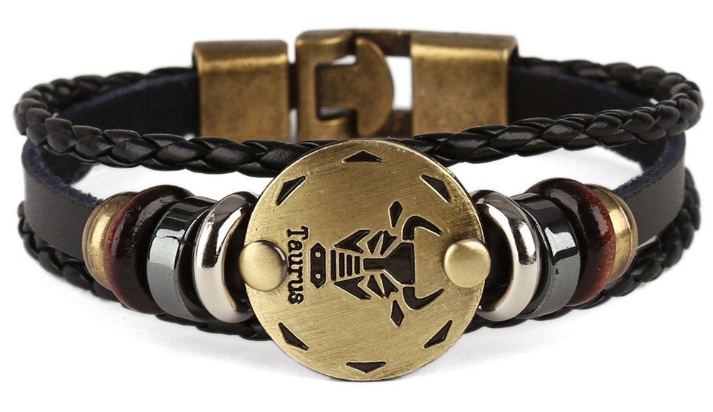 Hamoery Punk Alloy Leather Bracelet Constellation Braided Rope Bracelet Bangle Wristband(Taurus)