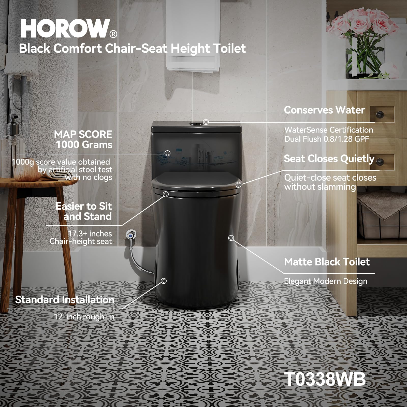 HOROW T0338WB Elongated One Piece Toilet Black, Compact Modern Toilet with Comfortable Seat Height, ADA Chair Height 17.3", Power Dual Flush 0.8/1.28 GPF & MAP 1000g, Matte Black, 12" Rough-in
