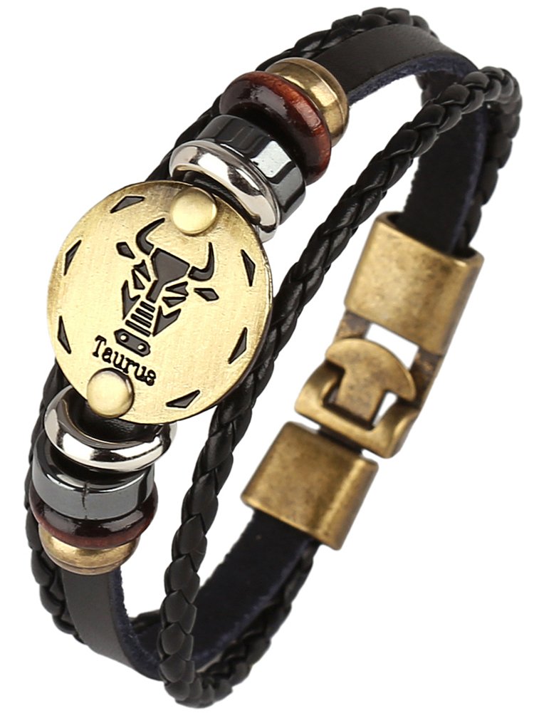 Hamoery Punk Alloy Leather Bracelet Constellation Braided Rope Bracelet Bangle Wristband(Taurus)
