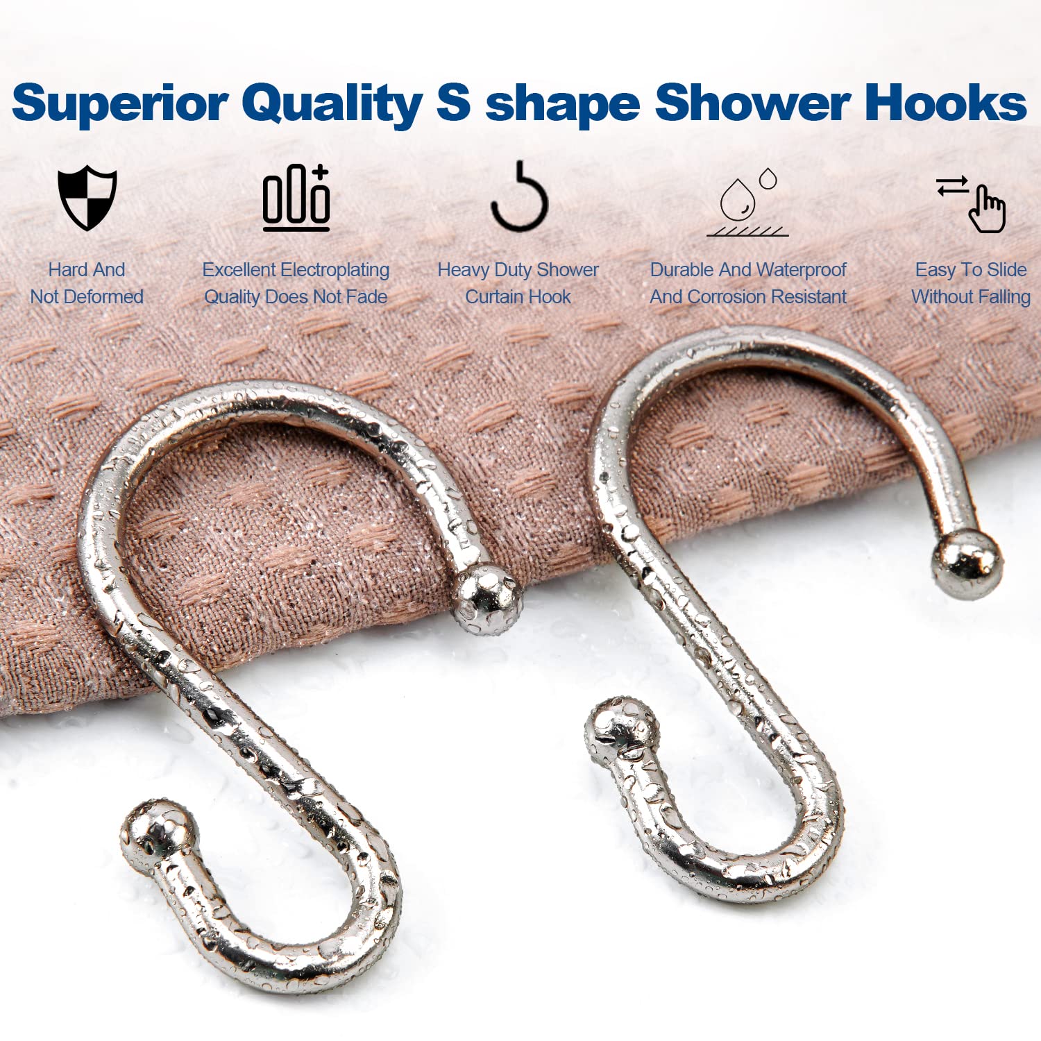 TOPROD Shower Curtain Hooks Rings, Stainless Steel S Shaped Shower Hooks Rust Proof, Shower Curtain Hangers for Shower Curtain, Kitchen, Wardrobe & Garden, Brushed Nickel, Set of 12