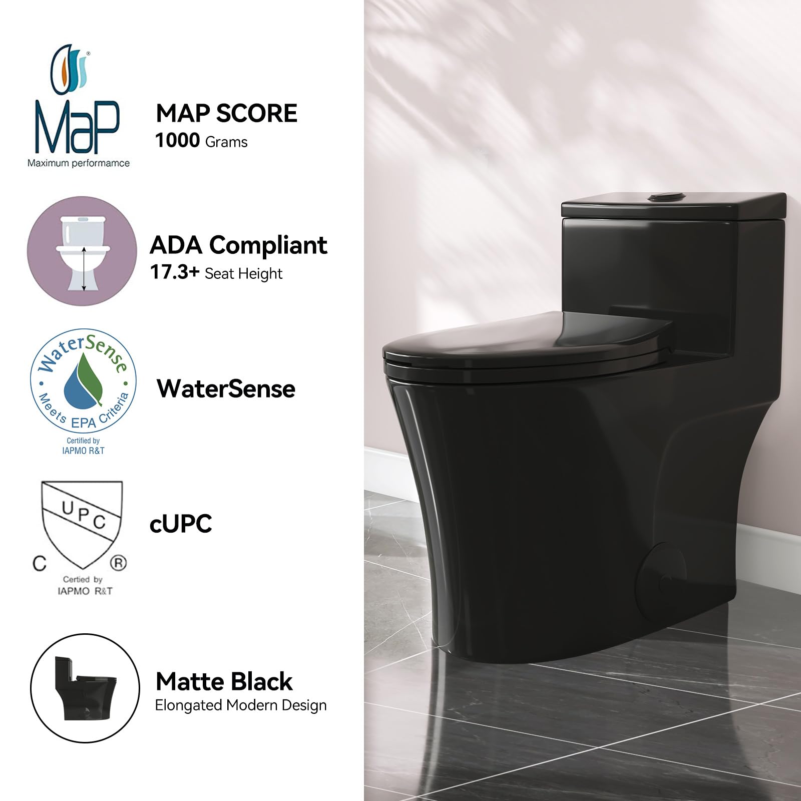 HOROW T0338WB Elongated One Piece Toilet Black, Compact Modern Toilet with Comfortable Seat Height, ADA Chair Height 17.3", Power Dual Flush 0.8/1.28 GPF & MAP 1000g, Matte Black, 12" Rough-in