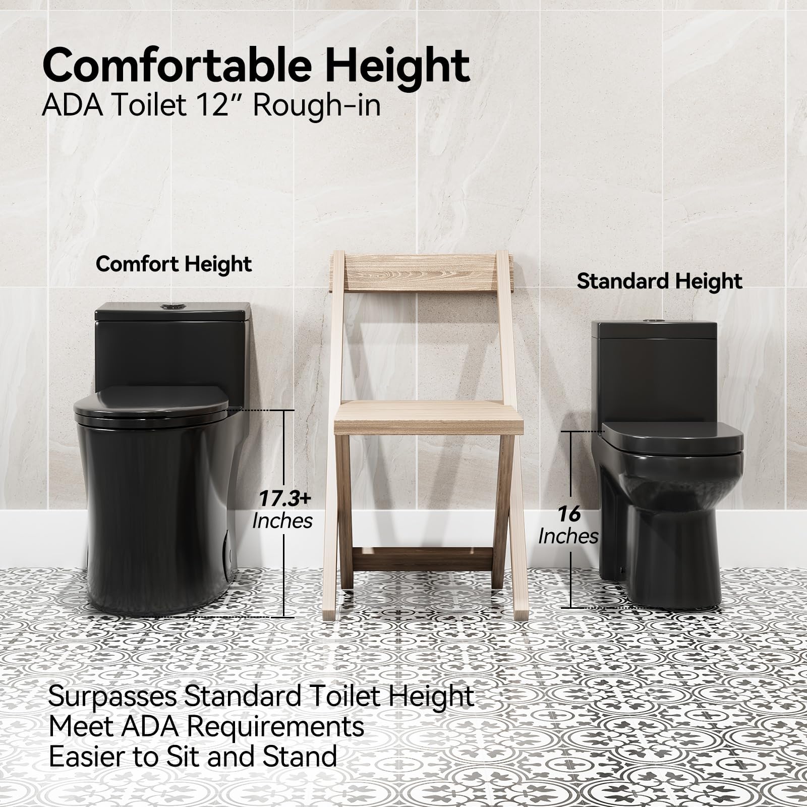 HOROW T0338WB Elongated One Piece Toilet Black, Compact Modern Toilet with Comfortable Seat Height, ADA Chair Height 17.3", Power Dual Flush 0.8/1.28 GPF & MAP 1000g, Matte Black, 12" Rough-in