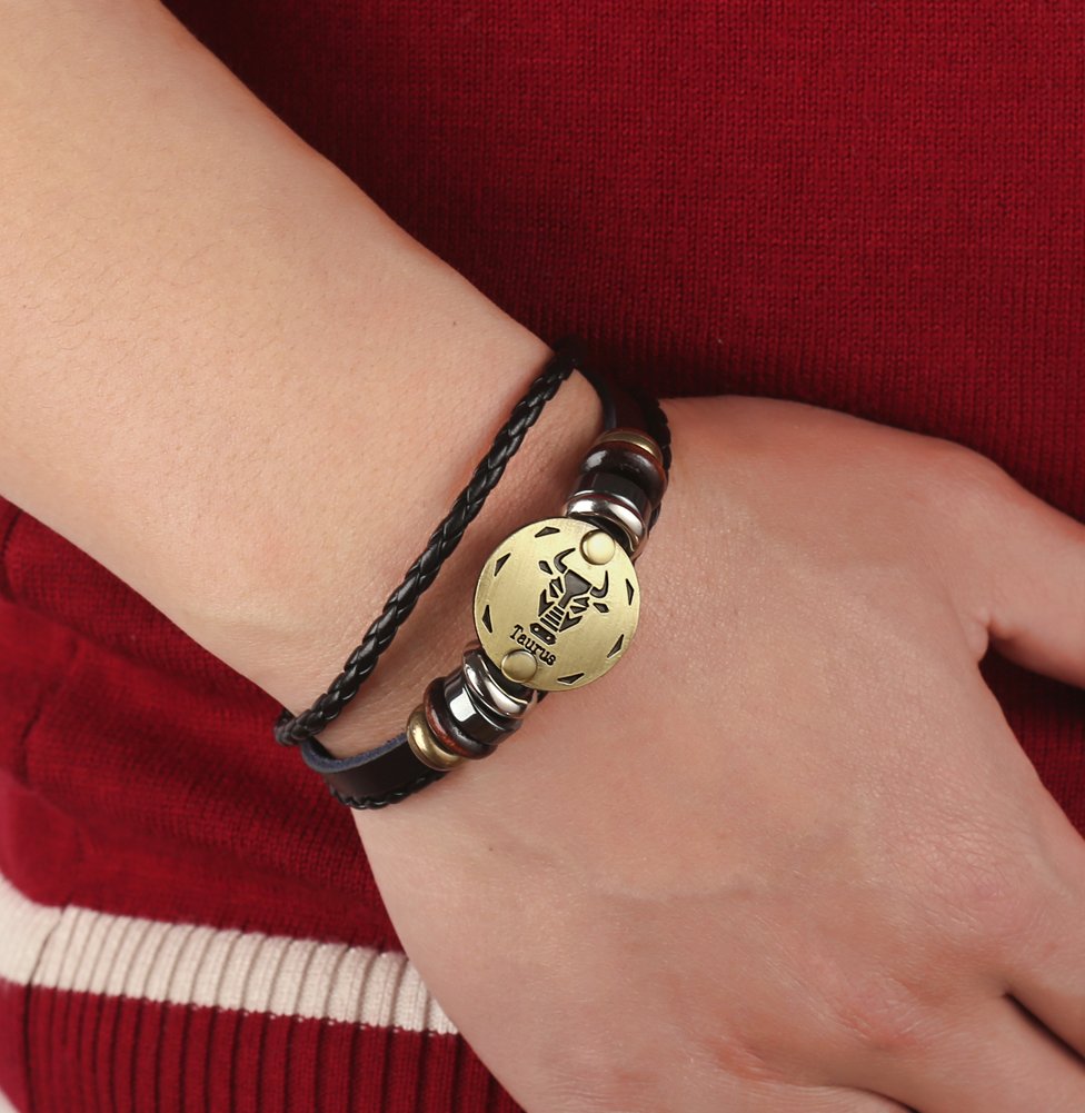 Hamoery Punk Alloy Leather Bracelet Constellation Braided Rope Bracelet Bangle Wristband(Taurus)