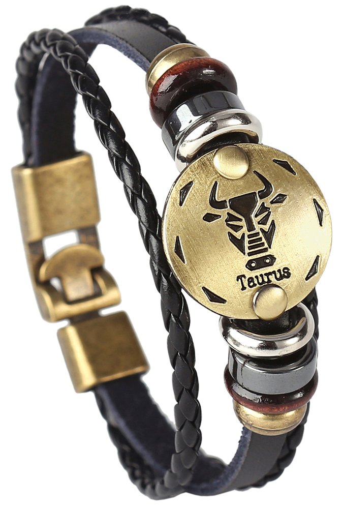 Hamoery Punk Alloy Leather Bracelet Constellation Braided Rope Bracelet Bangle Wristband(Taurus)