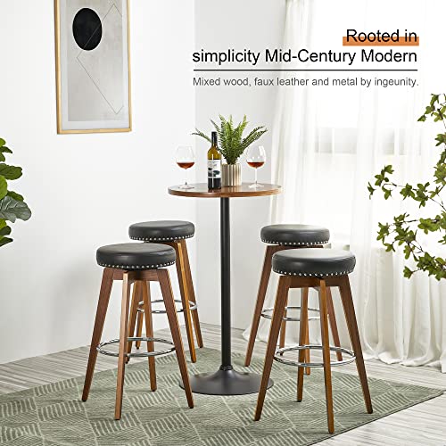 Glitzhome Swivel Bar Stools Set of 4, Round Backless Leather Padded Seat and Veneer Walnut Composite Wood Legs Finish Modern Accent Chair for Home Kitchen Island, Balck