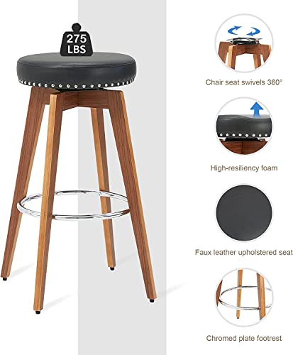 Glitzhome Swivel Bar Stools Set of 4, Round Backless Leather Padded Seat and Veneer Walnut Composite Wood Legs Finish Modern Accent Chair for Home Kitchen Island, Balck