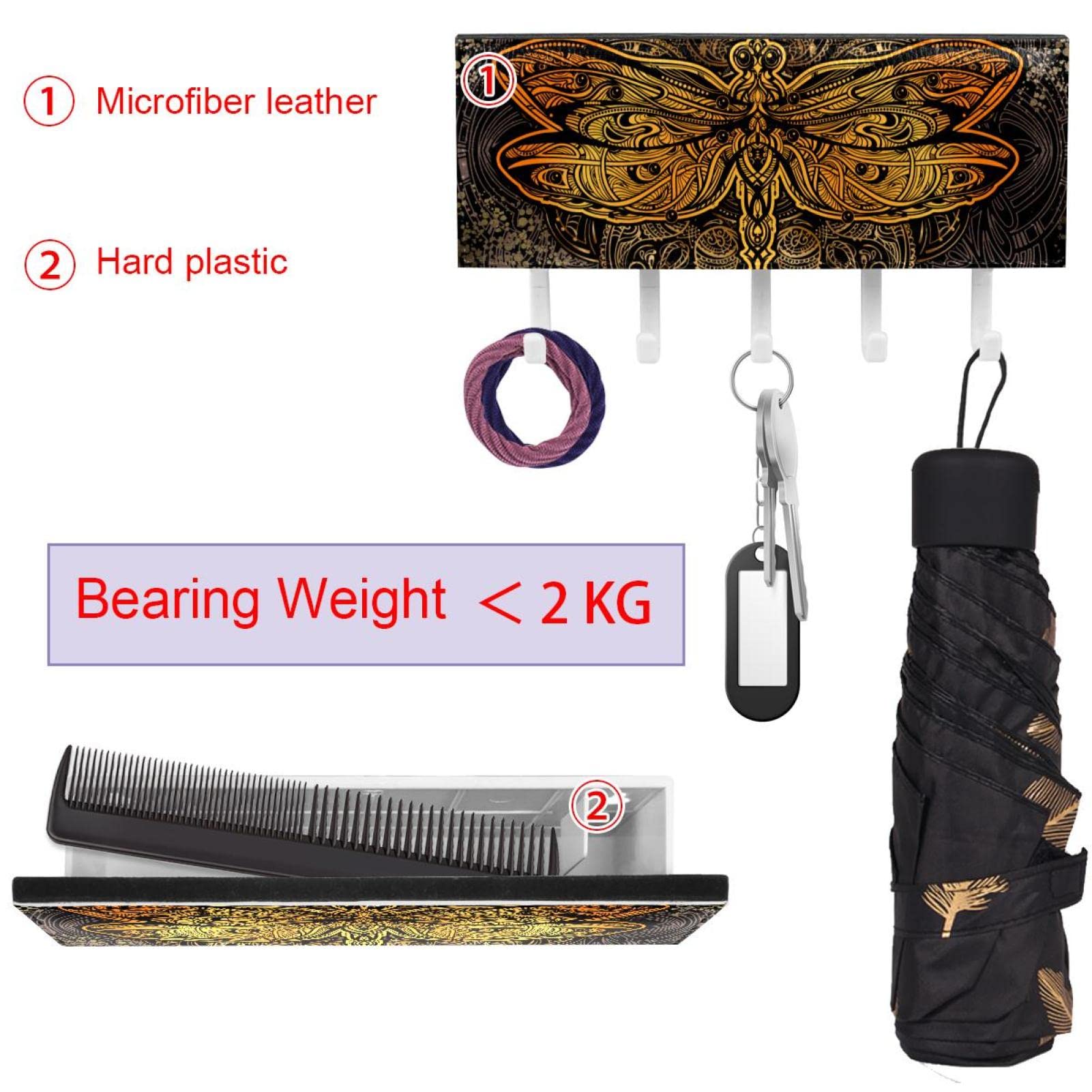 Coat and Hat Hook Rail Wall Hooks, Leather Hook Rack Wall Mounted, Hooks for Hanging Towel Key Purse Kitchenware Dragonfly