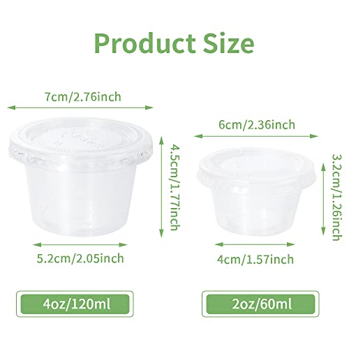 FHDUSRYO 75 Sets 2oz Clear Plastic Portion Cups with Lids, Jelly Shot Cups Sauce Cups, Small Souffle Cups Condiment Container for Meal Prep, Salad Dressing, Portion Control, Food Dips, Slime (2oz)