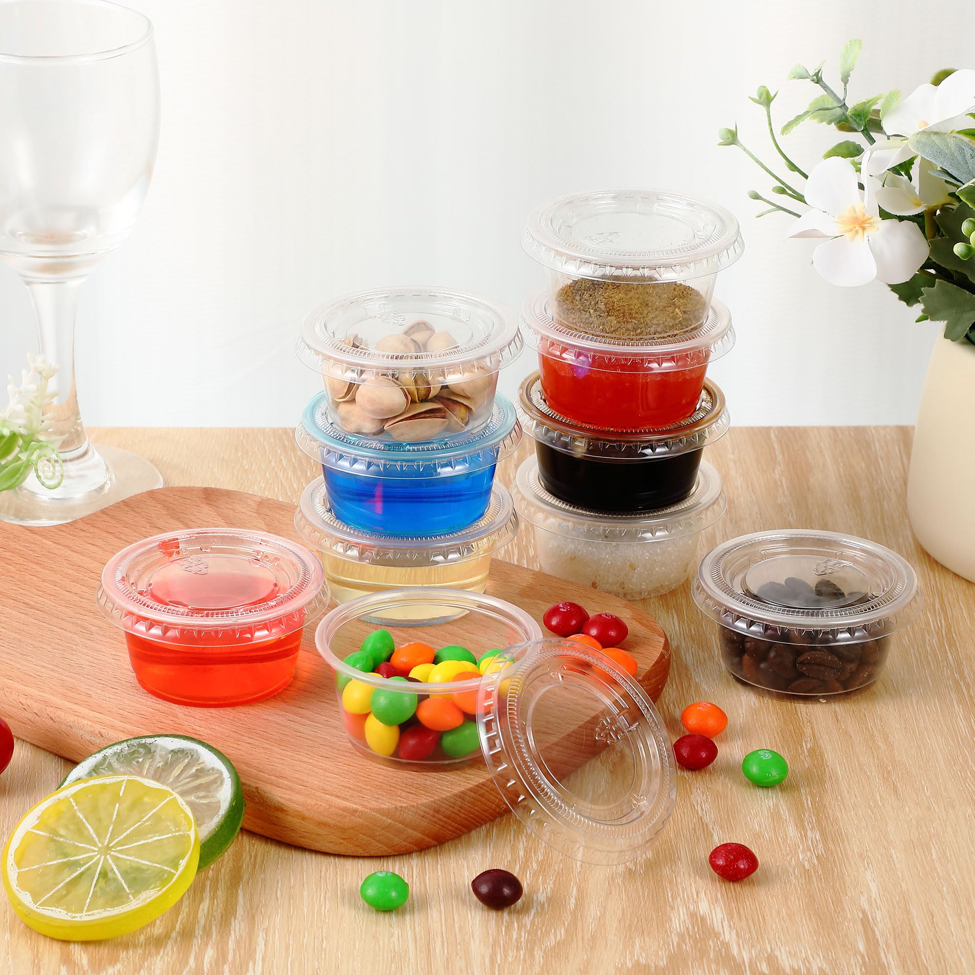 Mumufy 2000 Sets Plastic Portion Cups with Lids Bulk Small Clear Plastic Containers Stackable Souffle Condiment Cups Airtight Mini Food Storage for Dipping Sauce Salad Dressings Party (2.0 oz)
