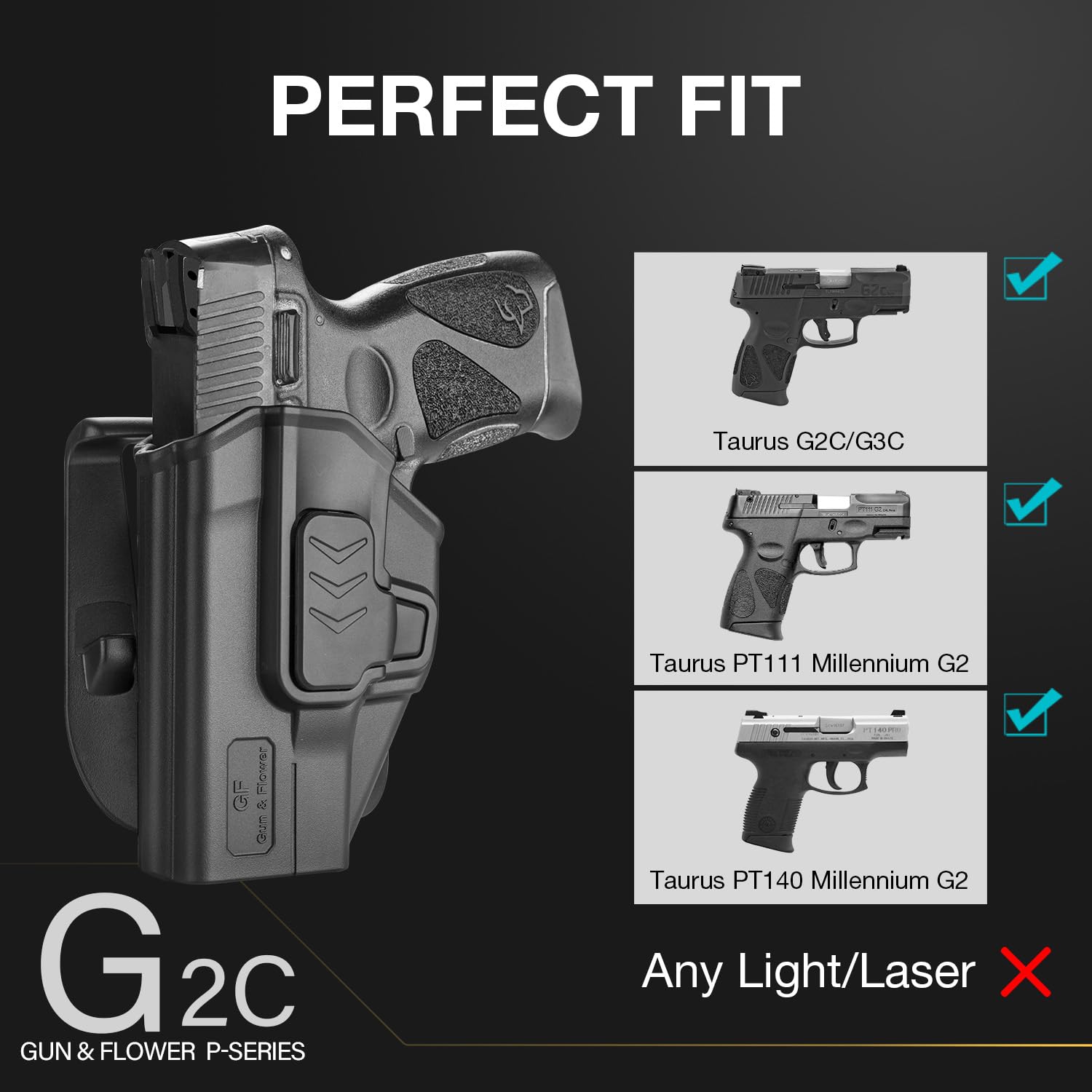 GUN FLOWER OWB Holster Fits Taurus G2C/G3C, Taurus Millennium G2 PT111/PT140, Outside Waistband Carry Holster, Level II Retention Locking System, 360 Degrees Adjustable, Left Handed