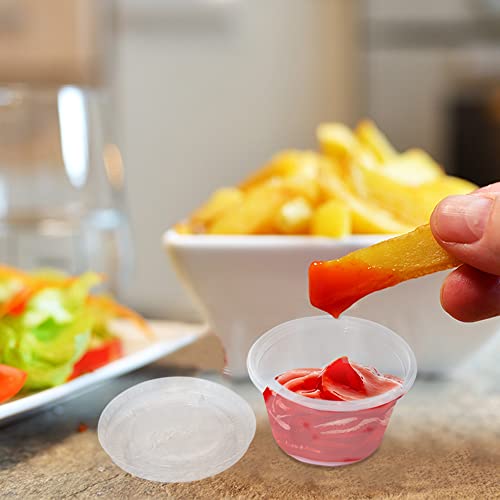 FHDUSRYO 75 Sets 2oz Clear Plastic Portion Cups with Lids, Jelly Shot Cups Sauce Cups, Small Souffle Cups Condiment Container for Meal Prep, Salad Dressing, Portion Control, Food Dips, Slime (2oz)
