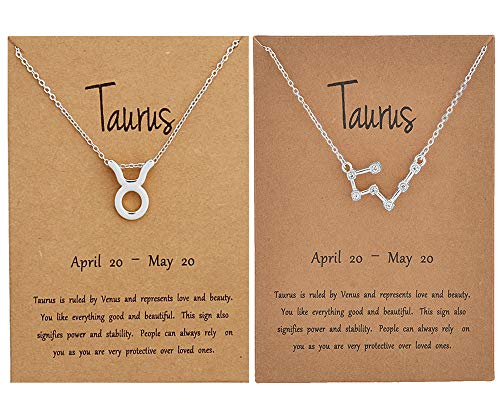 2Pcs Silver Taurus Necklace for Women 12 Constellation Sign Necklace CZ Astrology Zodiac Star Necklace Birthday Gifts with Message Card (Taurus)