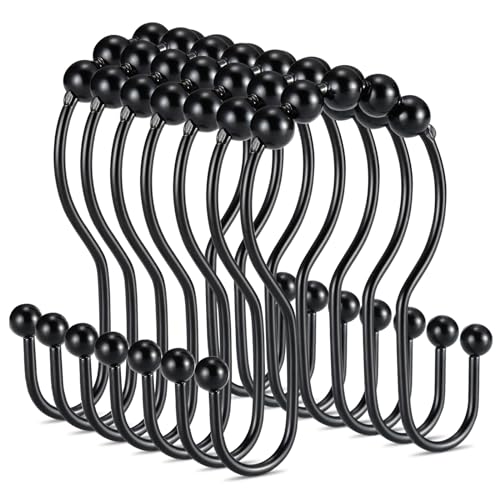 Shower Curtain Hooks, Goowin Shower Curtain Rings, Black Shower Curtain Hooks Rust Proof, Smooth Glide Metal Shower Curtain Rings, Double Shower Hooks for Shower Curtain & Liner, 12 Pack (Black)