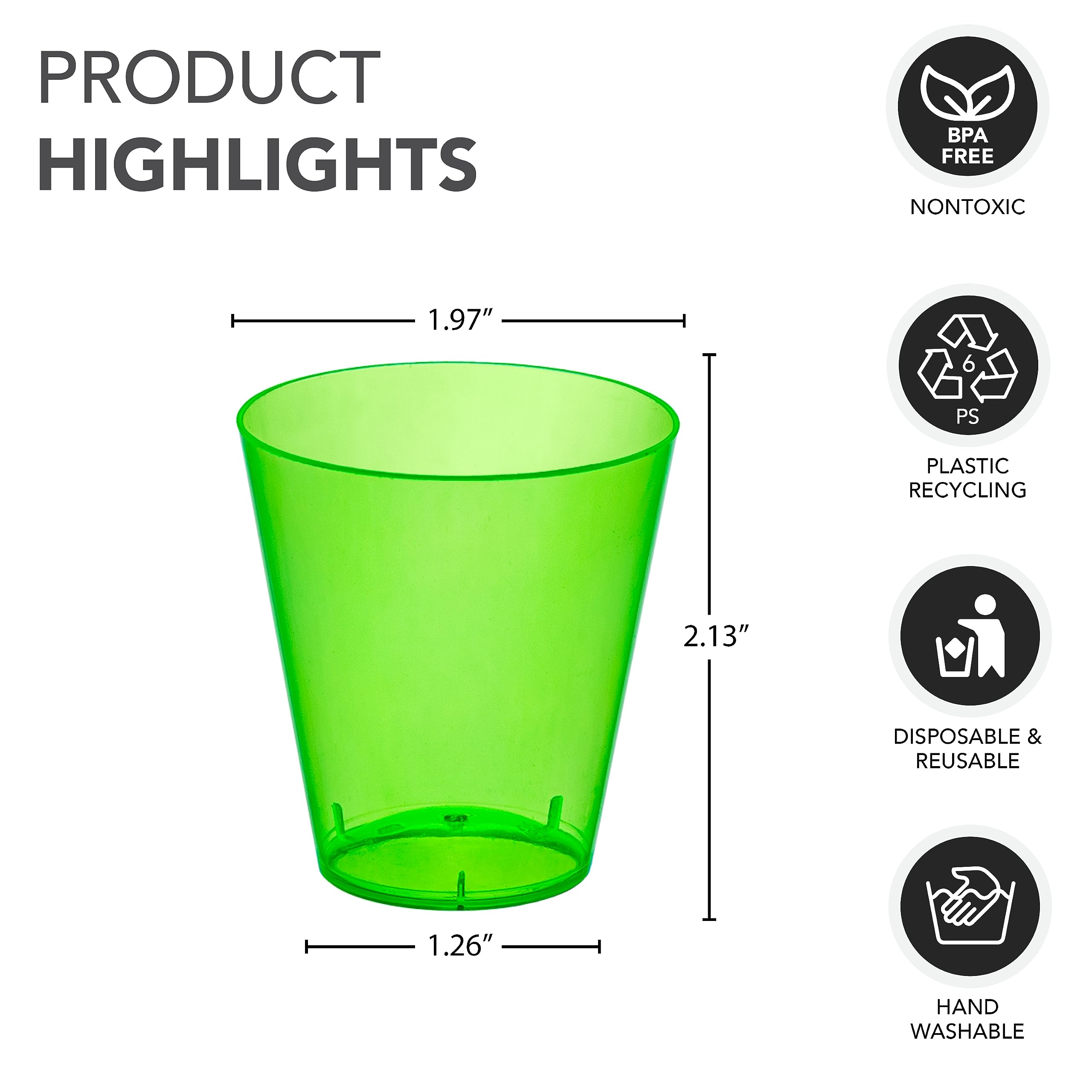 Party Essentials Disposable Hard Plastic 2-Ounce Shot/Shooter Glasses, Neon Green, 300 Count