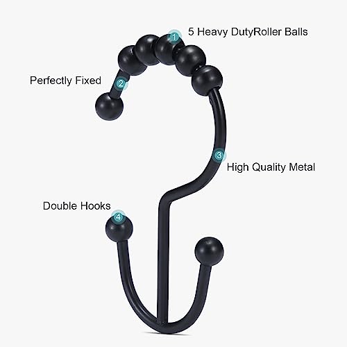 Shower Curtain Hooks, Goowin Shower Curtain Rings, Rust Proof Metal Black Shower Curtain Hooks, Free Sliding Shower Curtain Hooks, Double Shower Curtain Rings for Curtain & Liners, Black