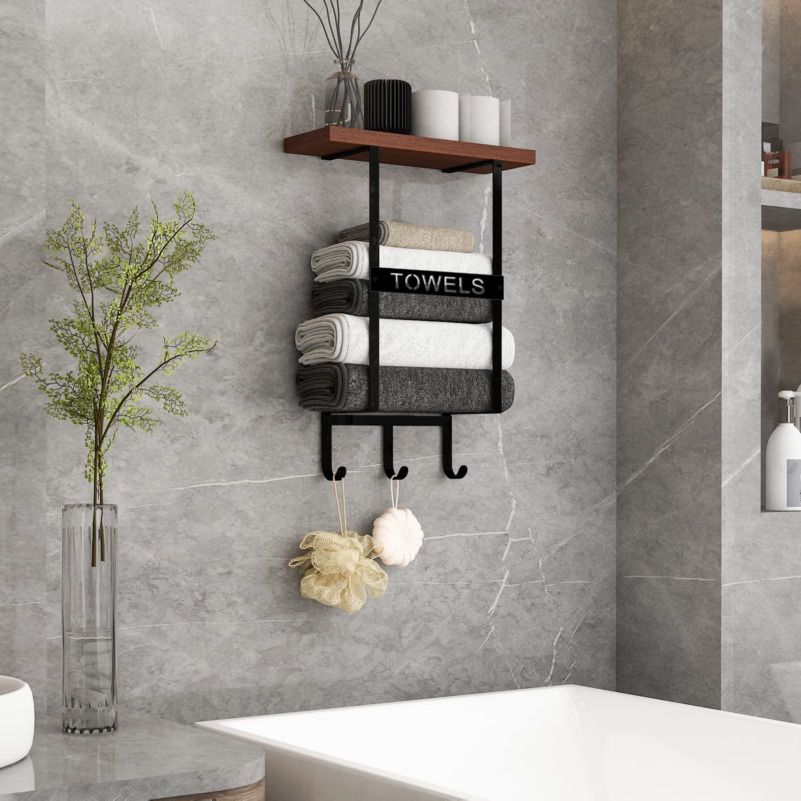 Towel Rack, ZUJJAFY Racks for Bathroom Storage Wall Mounted Holder Decor, Bath Organizer with Wooden Shelf and Hooks Rolled Towels Matte Black With ''Towels'' Logo