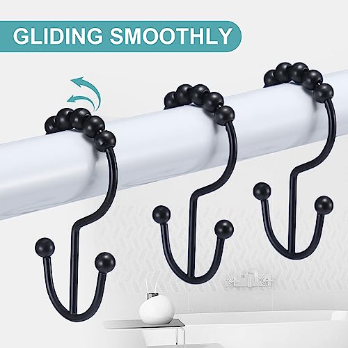 Shower Curtain Hooks, Goowin Shower Curtain Rings, Rust Proof Metal Black Shower Curtain Hooks, Free Sliding Shower Curtain Hooks, Double Shower Curtain Rings for Curtain & Liners, Black