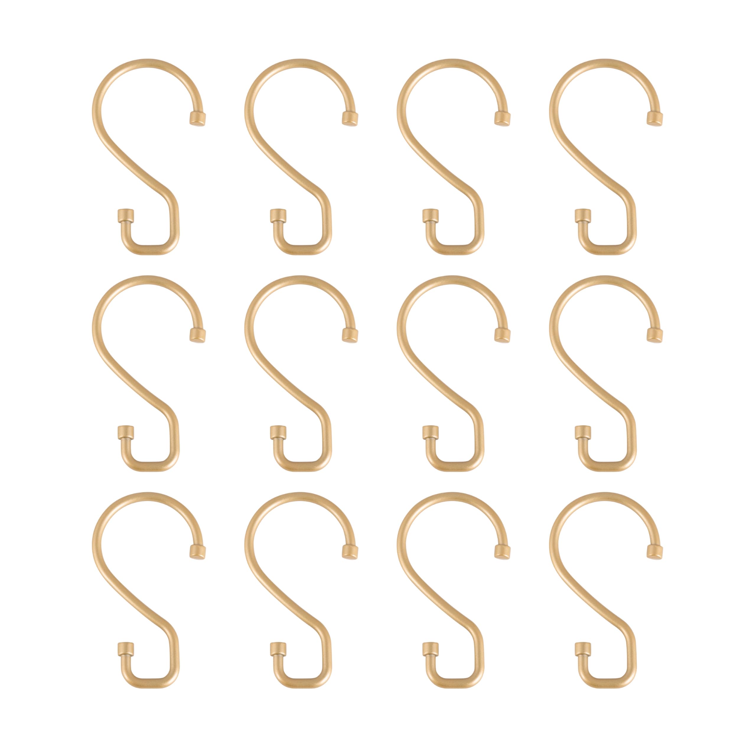 Bath Bliss 12 Pack S-Hook Shower Curtain Rings | Bathroom | Metal S Shaped Hooks | Easy Glide | Easy to Install | Hang Mugs, Pans, Towels | Satin Gold