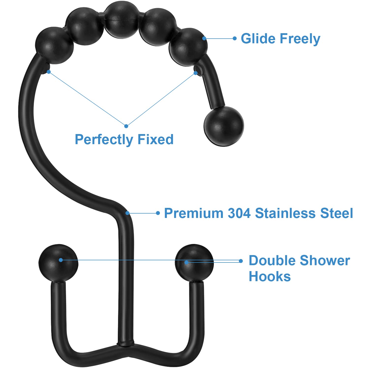 Shower Curtain Hooks Rings, TENOVEL Double Sided Shower Hooks Rust Proof for Bathroom Shower Rods Curtain, Durable Stainless Steel Bathroom Shower Curtain Hangers, Matte Black, Set of 12
