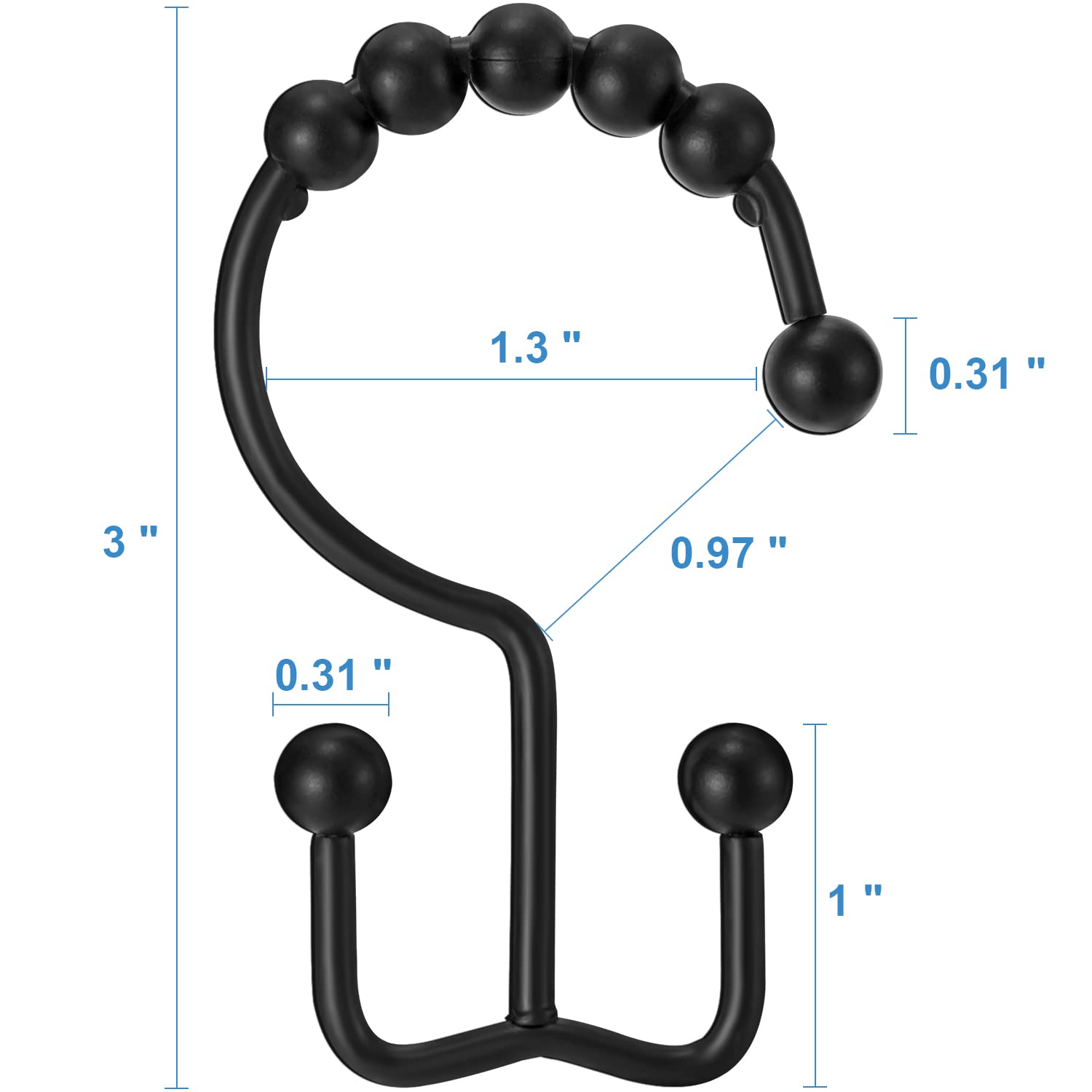 Shower Curtain Hooks Rings, TENOVEL Double Sided Shower Hooks Rust Proof for Bathroom Shower Rods Curtain, Durable Stainless Steel Bathroom Shower Curtain Hangers, Matte Black, Set of 12