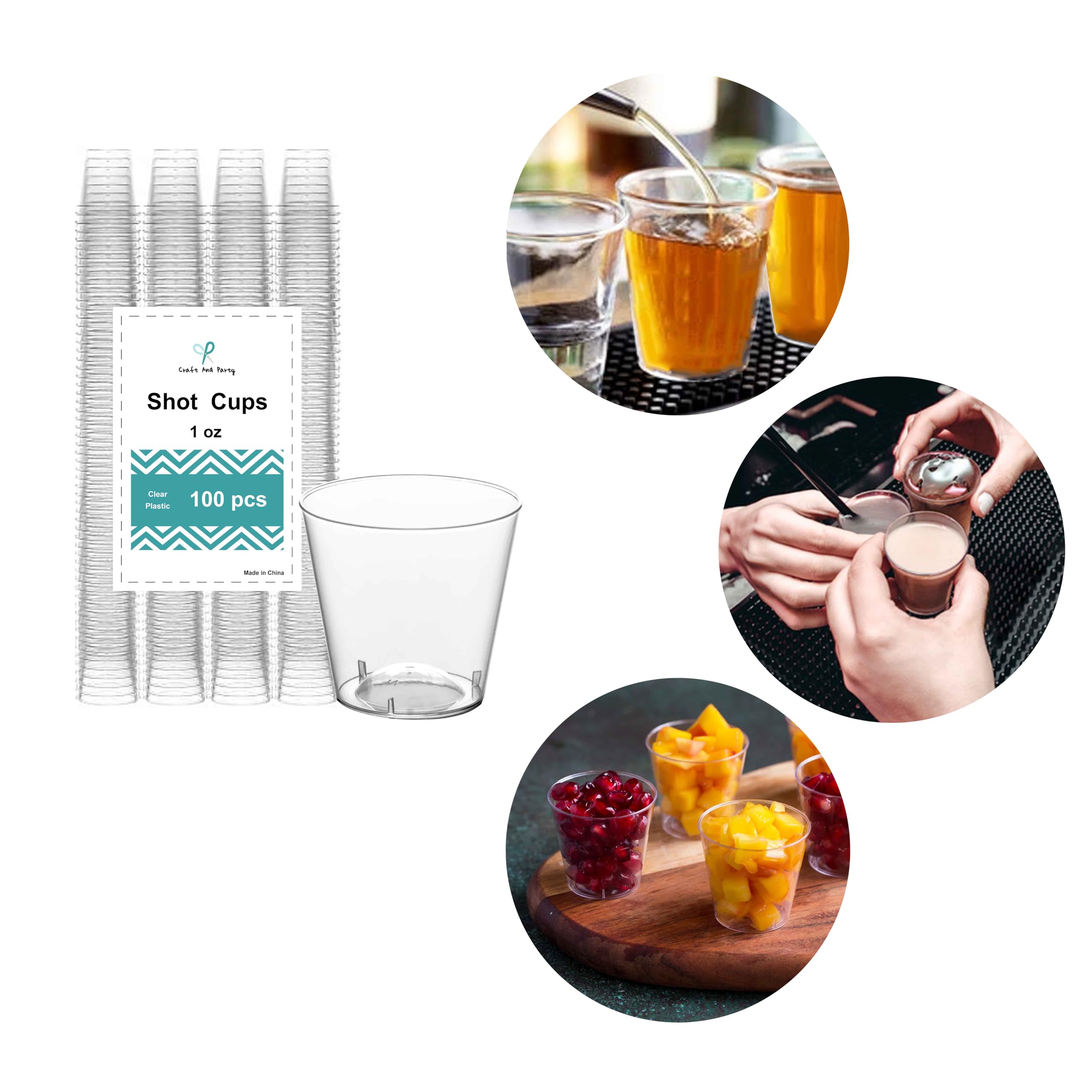 Craft And Party, 1oz 100 pcs Premium Clear Shot Glasses. Disposable Clear Cups for Wine Tasting, Vodka, Whiskey, jelly shot, sample Cups For Party and Gathering. (100, 1oz)