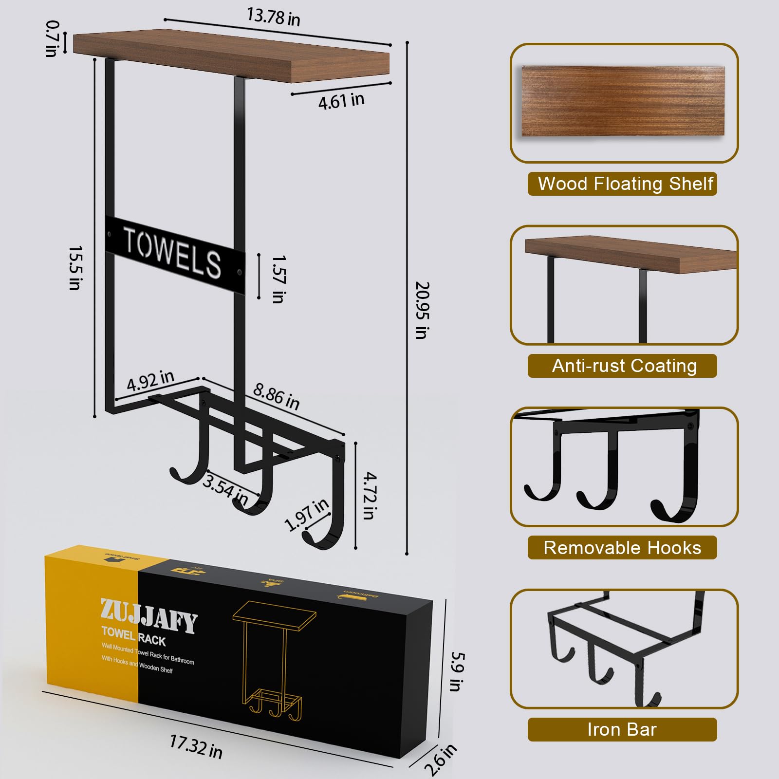 Towel Rack, ZUJJAFY Racks for Bathroom Storage Wall Mounted Holder Decor, Bath Organizer with Wooden Shelf and Hooks Rolled Towels Matte Black With ''Towels'' Logo