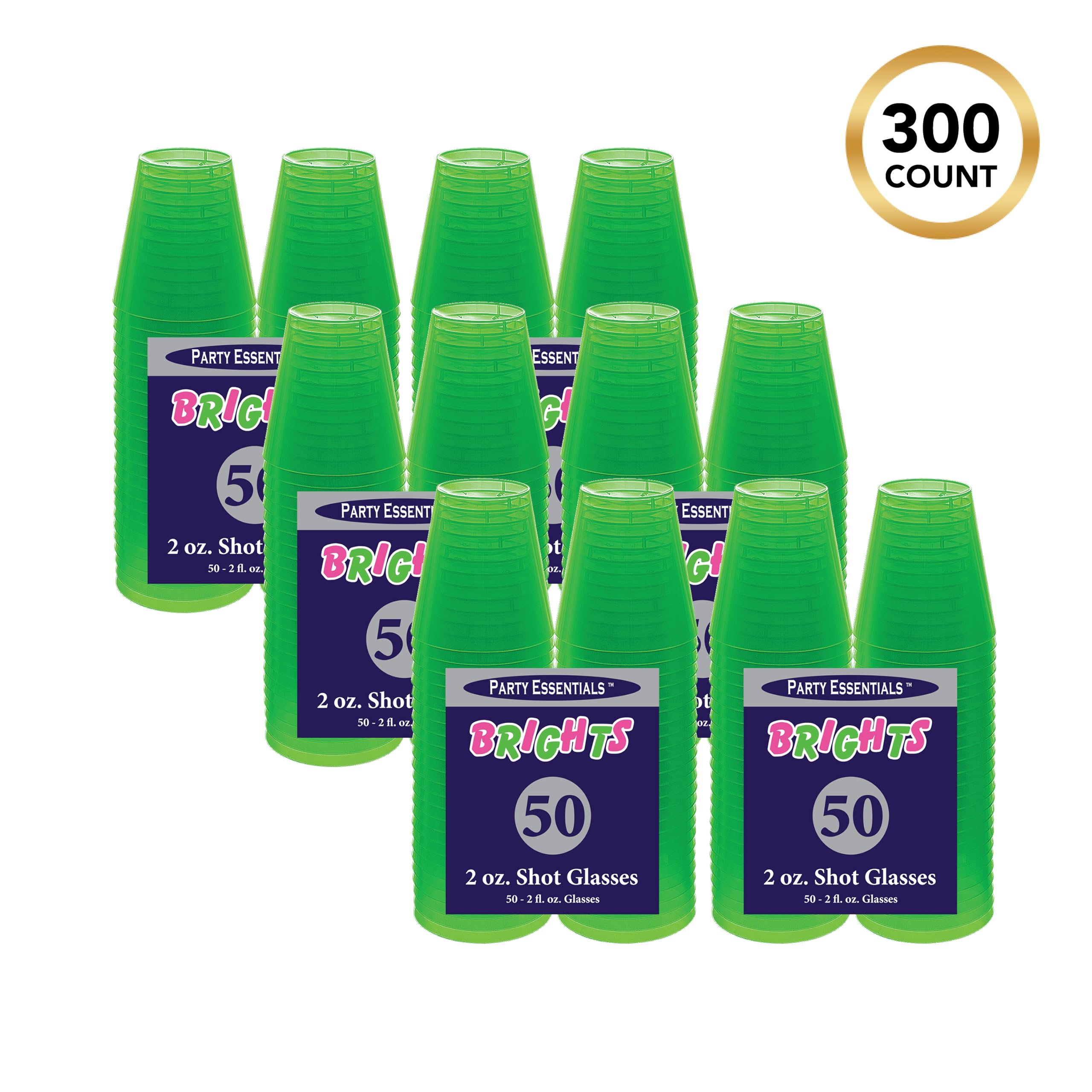 Party Essentials Disposable Hard Plastic 2-Ounce Shot/Shooter Glasses, Neon Green, 300 Count
