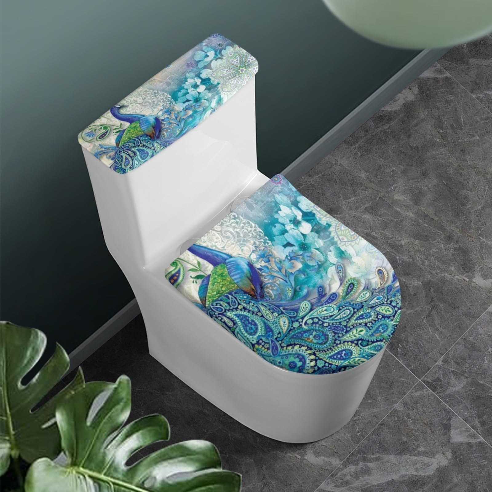 GLENLCWE Peacock Toilet Tank Lid Cover Replacement with Elastic Bottom,Soft Polyester Toilet Covers 2 Pcs Set Universal Fit