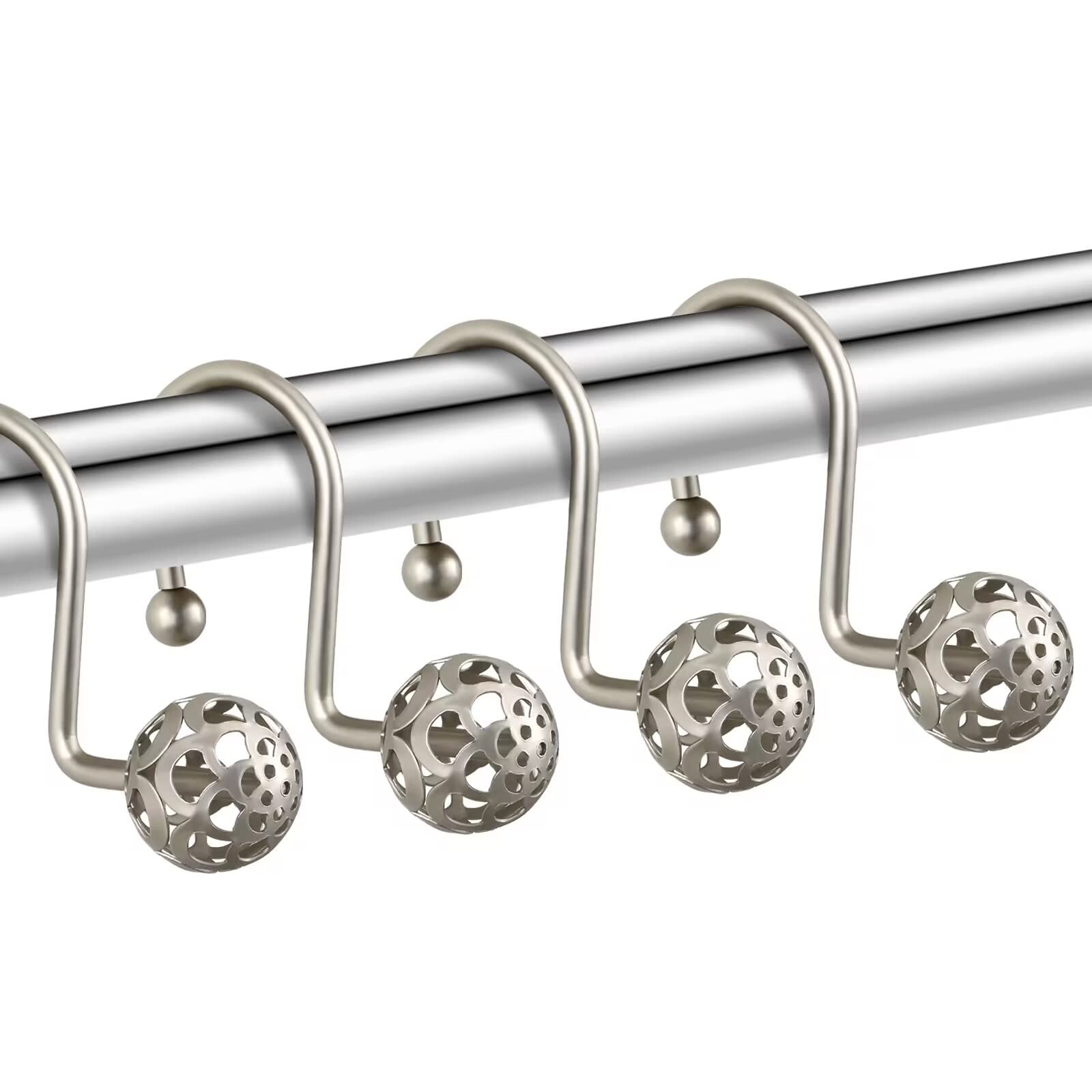 Gracelife 12Pcs Hollow Ball Shower Curtain Hooks Luxury Quality Rustproof Stainless Steel Shower Curtain Rings Hooks for Bathroom Rod (Nickel)