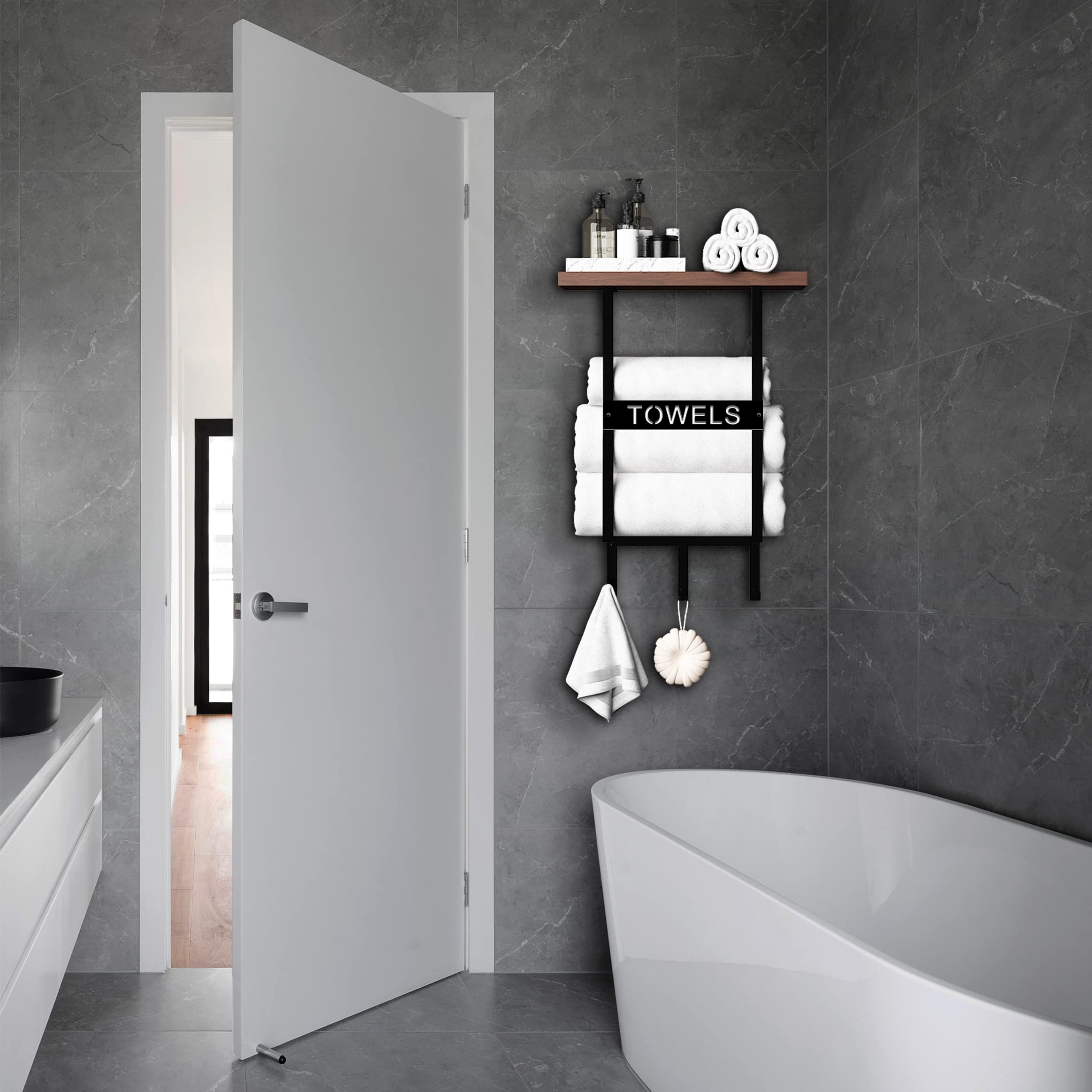 Towel Rack, ZUJJAFY Racks for Bathroom Storage Wall Mounted Holder Decor, Bath Organizer with Wooden Shelf and Hooks Rolled Towels Matte Black With ''Towels'' Logo