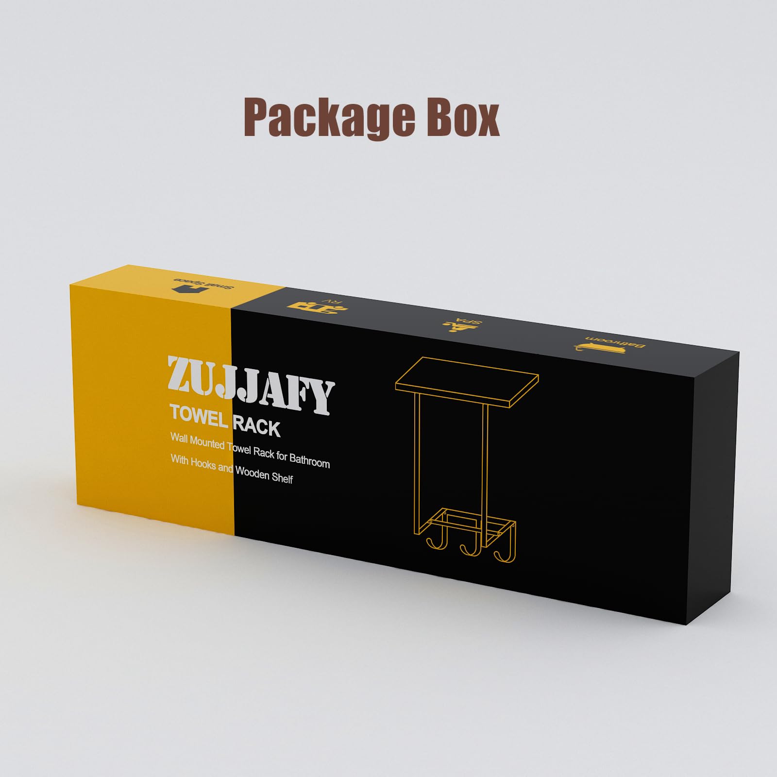Towel Rack, ZUJJAFY Racks for Bathroom Storage Wall Mounted Holder Decor, Bath Organizer with Wooden Shelf and Hooks Rolled Towels Matte Black With ''Towels'' Logo