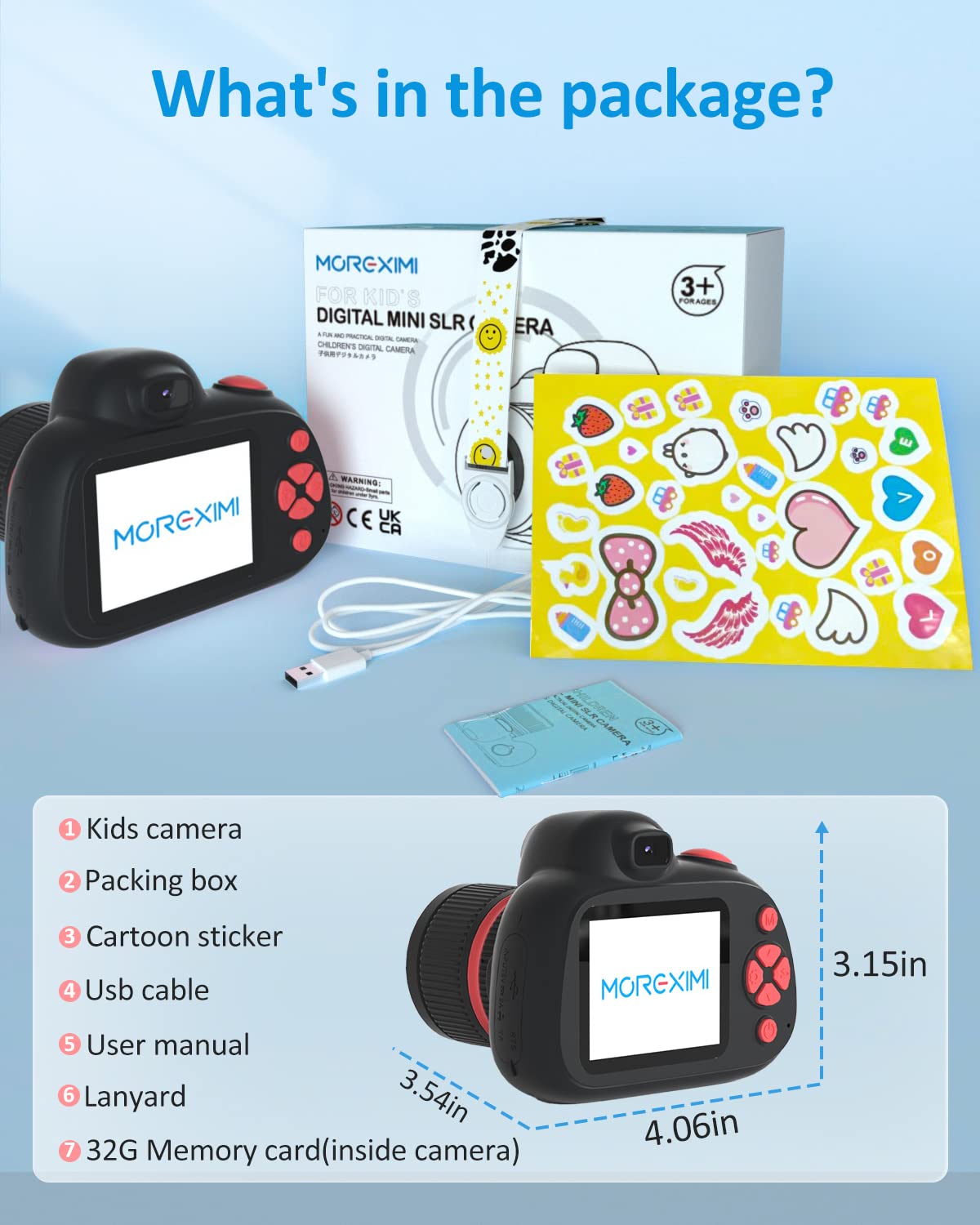 MOREXIMI Kids Camera, Digital Camera for Kids 3-8 Year Old, Birthday, Toys for Girls, 2.4" IPS Screen, Video Camcorder with Flash, 32G Card Included, Perfect Size (Black)