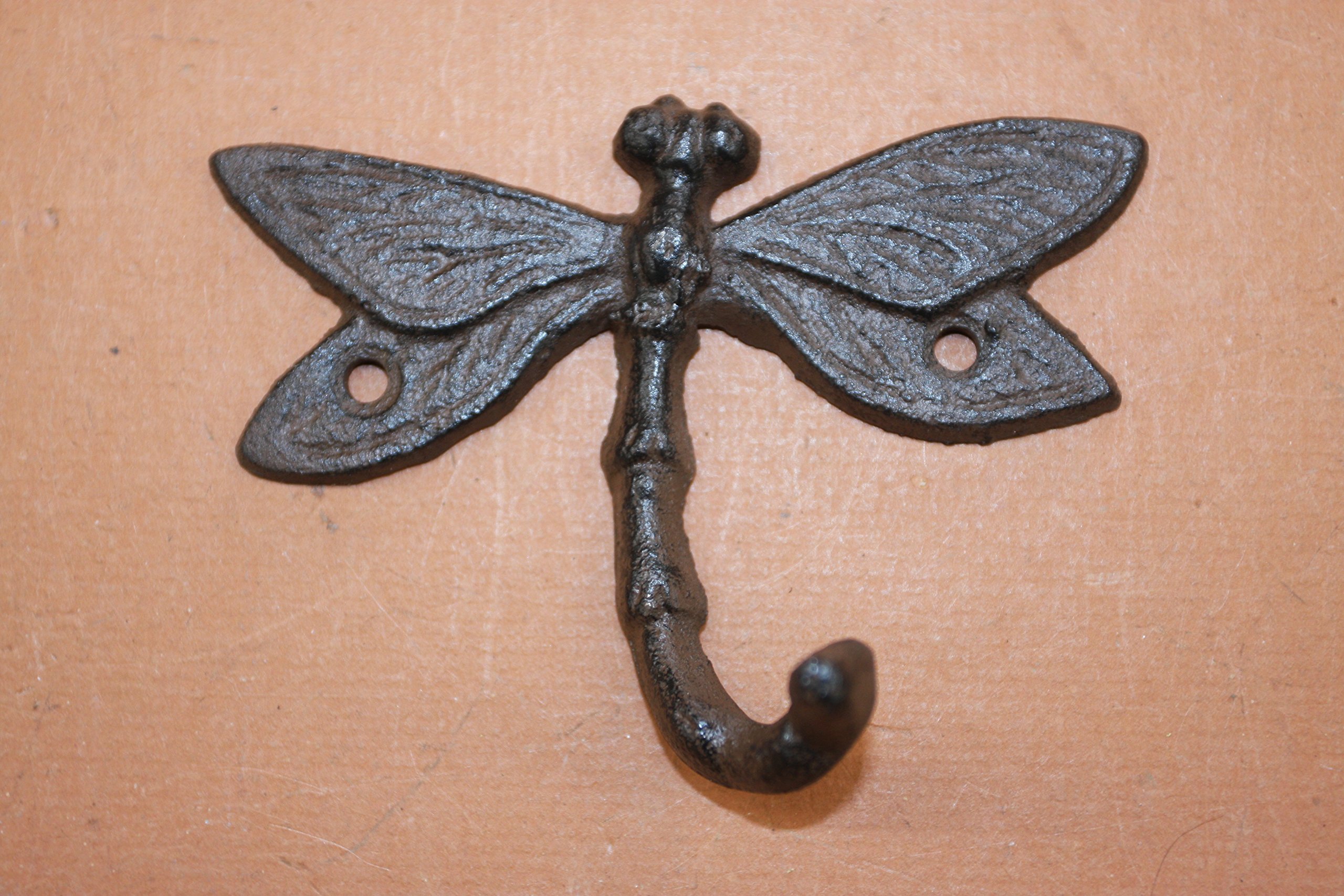 Rustic Cottage Dragonfly Deisgn Bath Towel Hooks Powder Coat Brown Cast Iron, 3 1/4 inch Tall, H-90, Set of 3