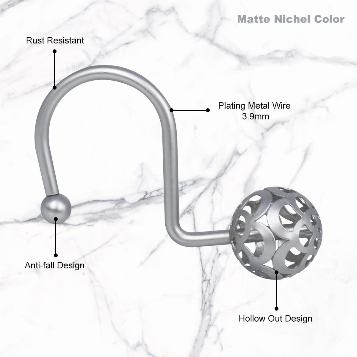 Gracelife 12Pcs Hollow Ball Shower Curtain Hooks Luxury Quality Rustproof Stainless Steel Shower Curtain Rings Hooks for Bathroom Rod (Nickel)