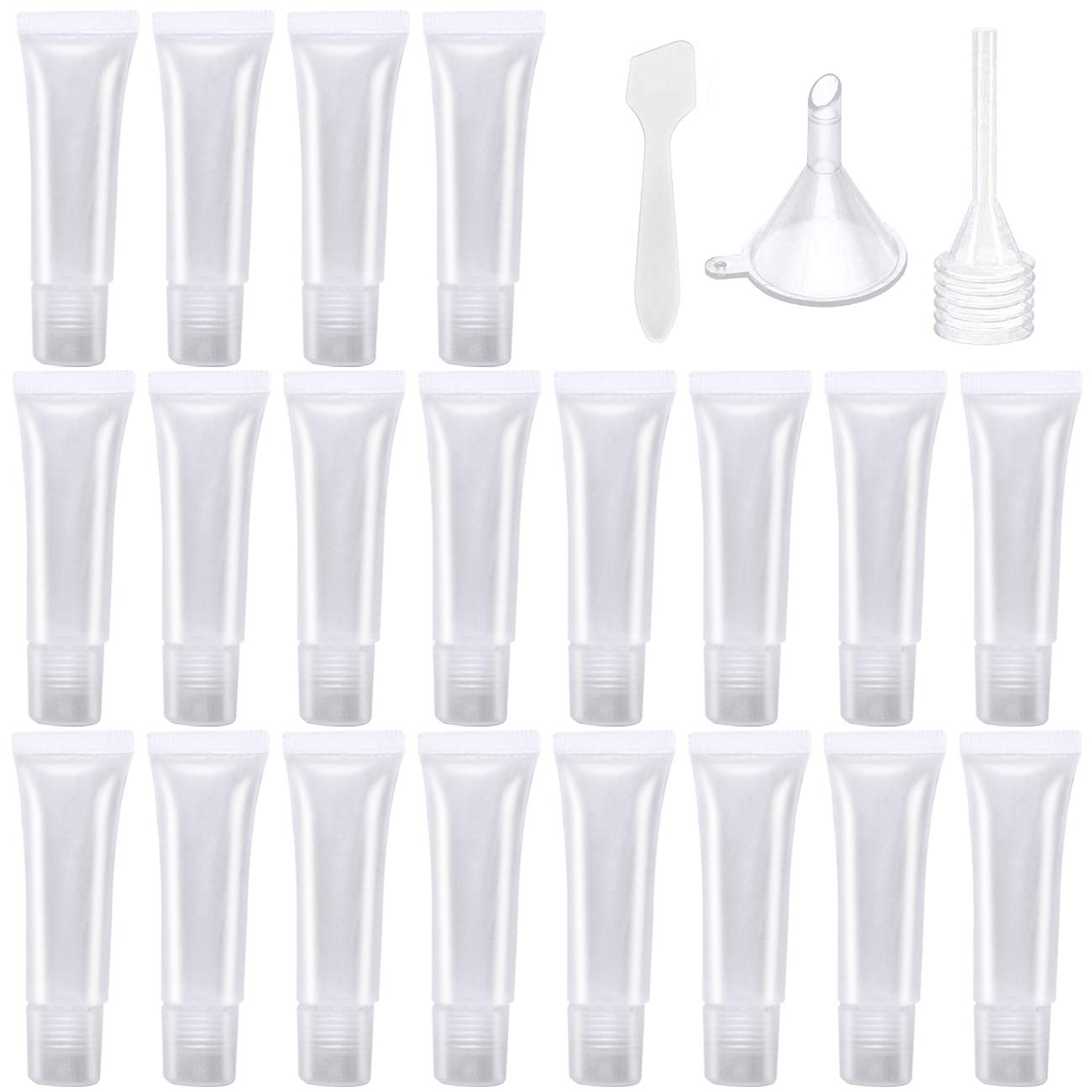 AYWFEY 20 Pcs 8 ml Empty Lip Gloss Tubes + Plastic Funnels + Pipette + Spatula, Refillable Travel Tubes, Clear Lip Balm Tubes, Empty Foundation Tube for DIY Lip Gloss Balm Cosmetic on Travel