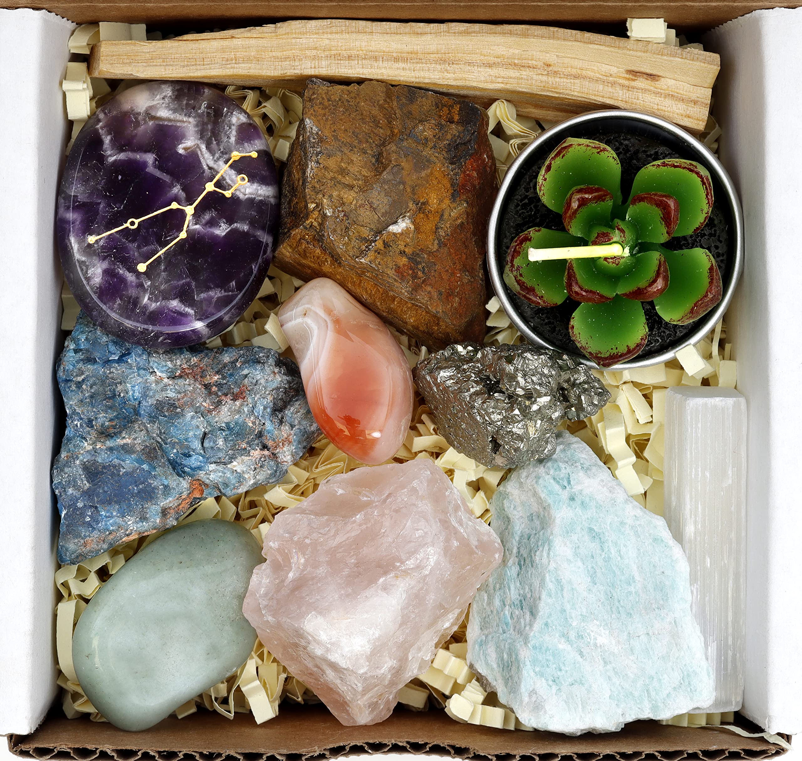DANCING BEAR Taurus Zodiac Healing Crystals Gift Set (14 Pc): 9 Stones, 18K Gold-Plated Constellation Necklace, Meteorite, Succulent Candle, Palo Santo Smudge Stick & Info Guide, Made in The USA