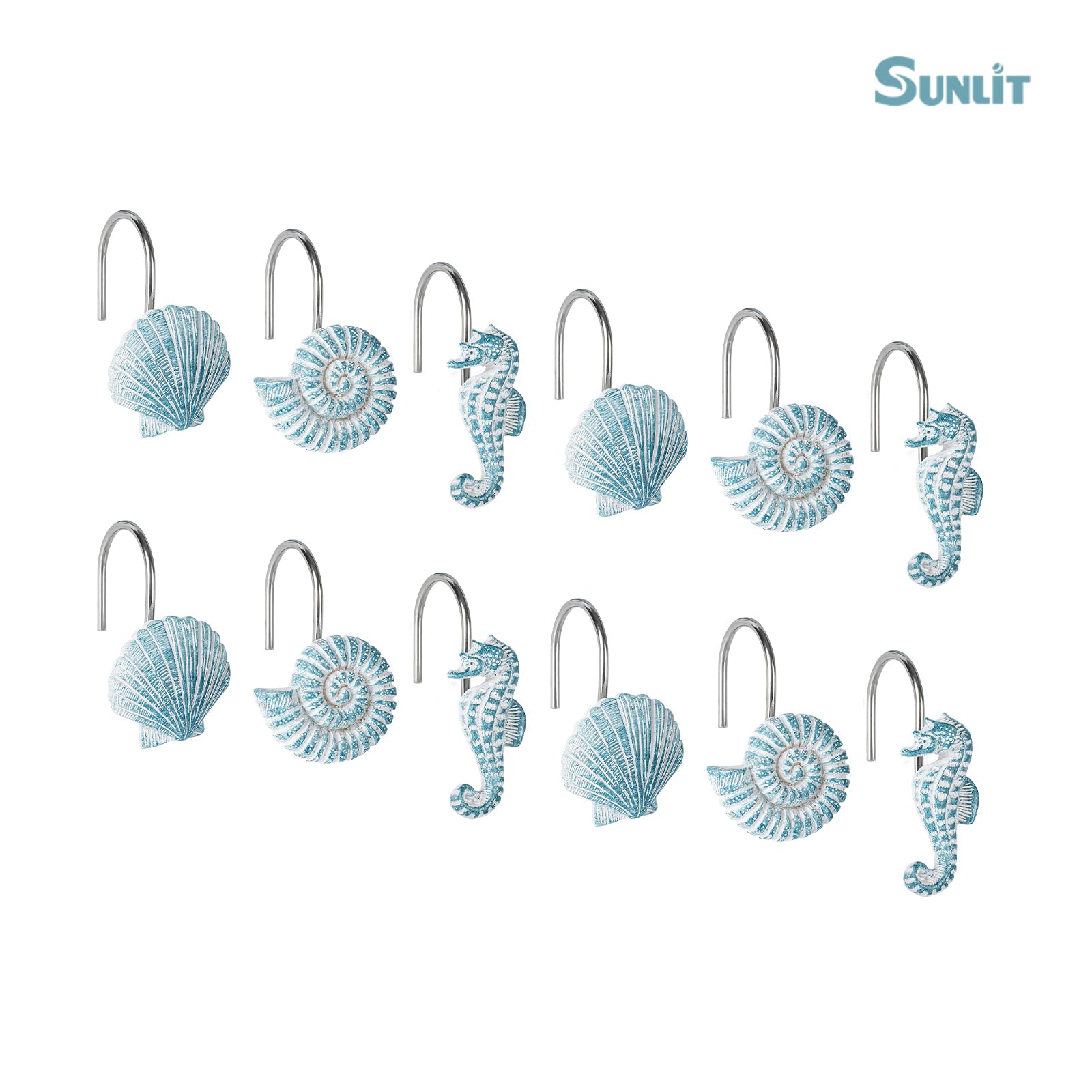 Sunlit 12-Piece Aqua Blue Resin Shower Curtain Hooks, Ocean Creatures Coastal Design, Nautical Bathroom Decoration