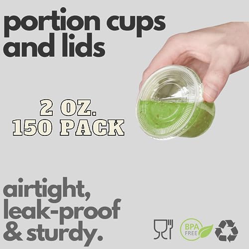 Packer Mate [150 Sets - 2 oz] Portion Cups With Lids, Jello Shot Cups With Lids, Small Plastic Containers With Lids, Plastic Sauce Cups With Lids, Disposable Condiment Cups With Lids, Souffle Cups
