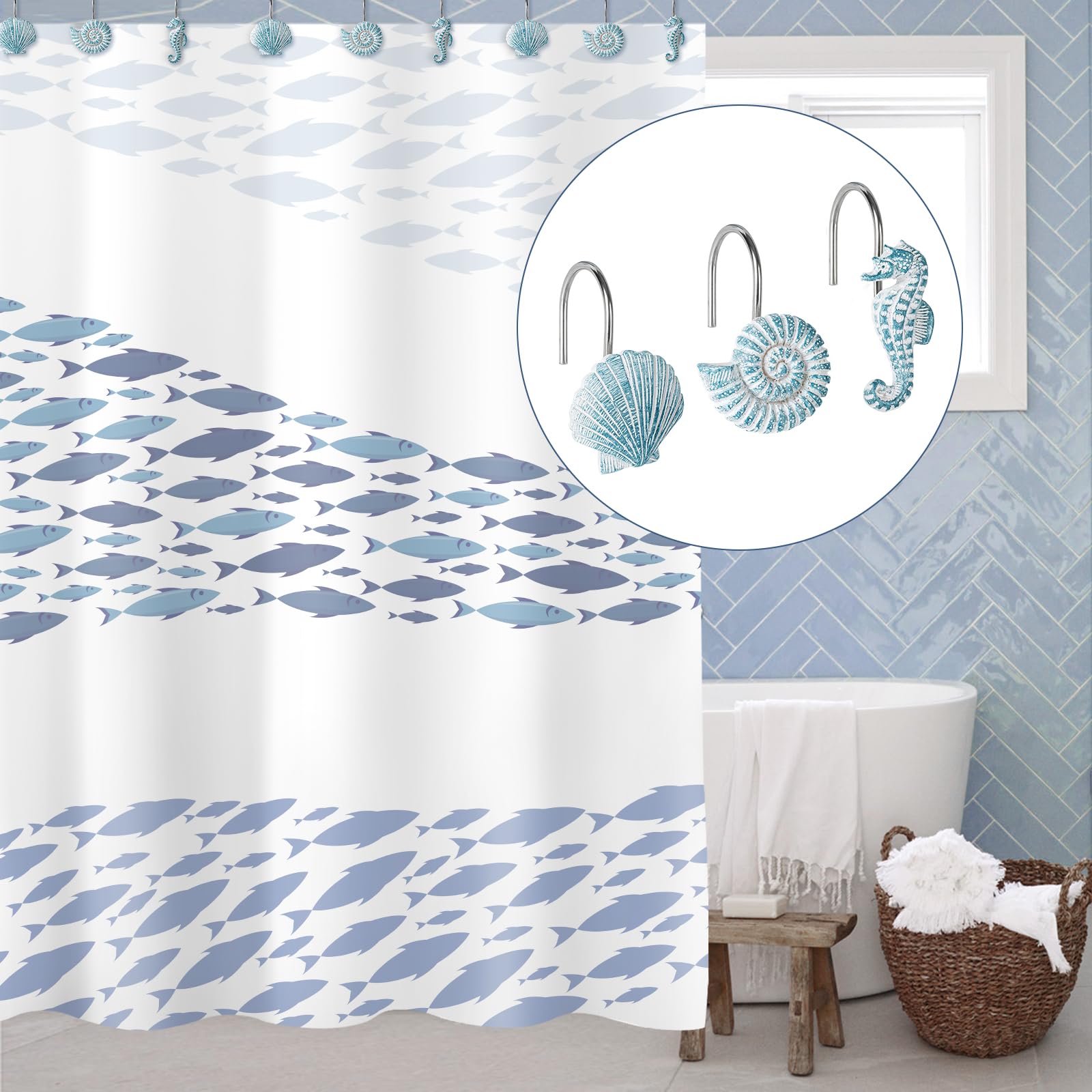 Sunlit 12-Piece Aqua Blue Resin Shower Curtain Hooks, Ocean Creatures Coastal Design, Nautical Bathroom Decoration
