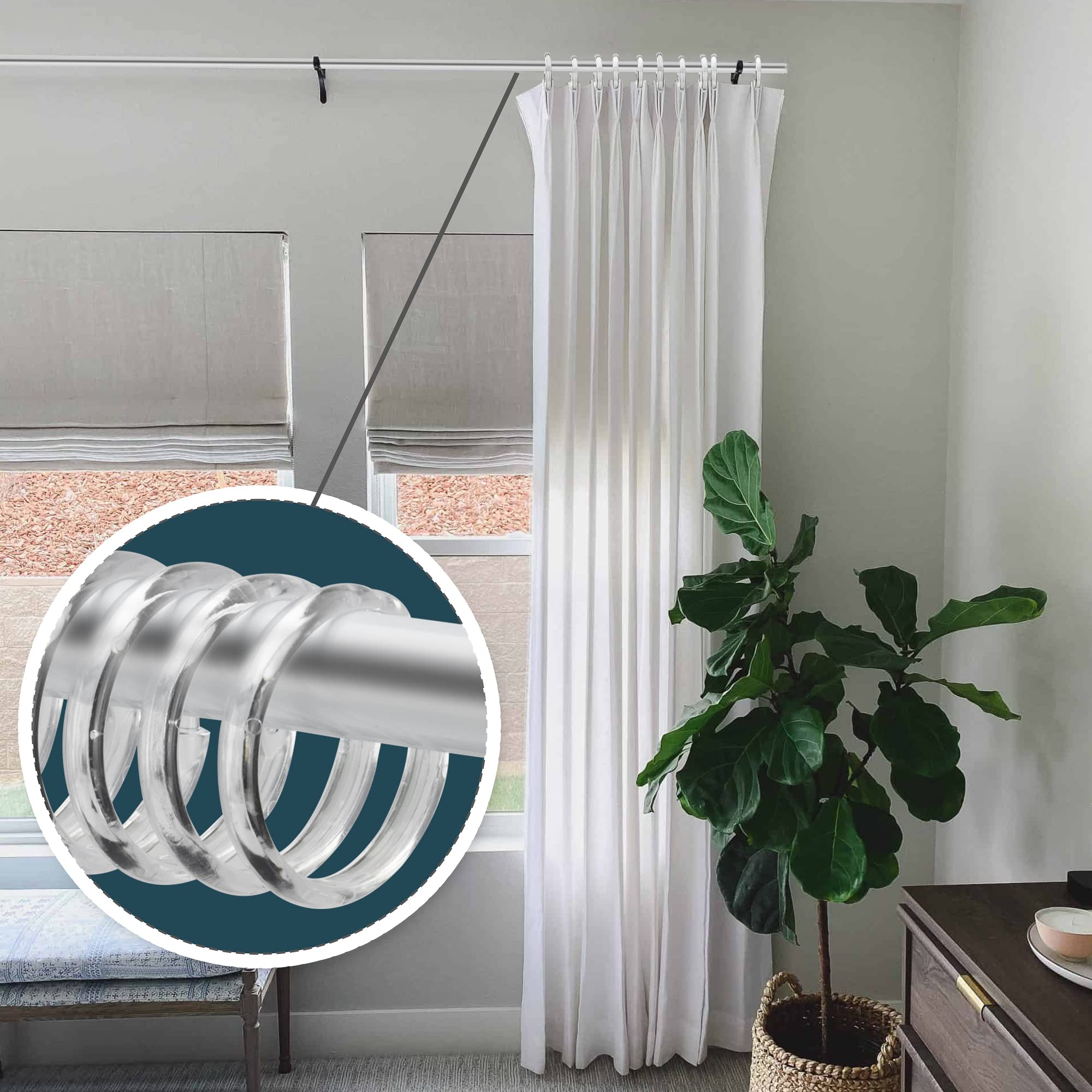 DecorRack 24 Clear Jumbo Shower Curtain Rings, 2 Sets of Large Plastic C Shape Shower Hooks, Ring Hangers with Clip for Bathroom Shower Curtain Rod (Set of 24)