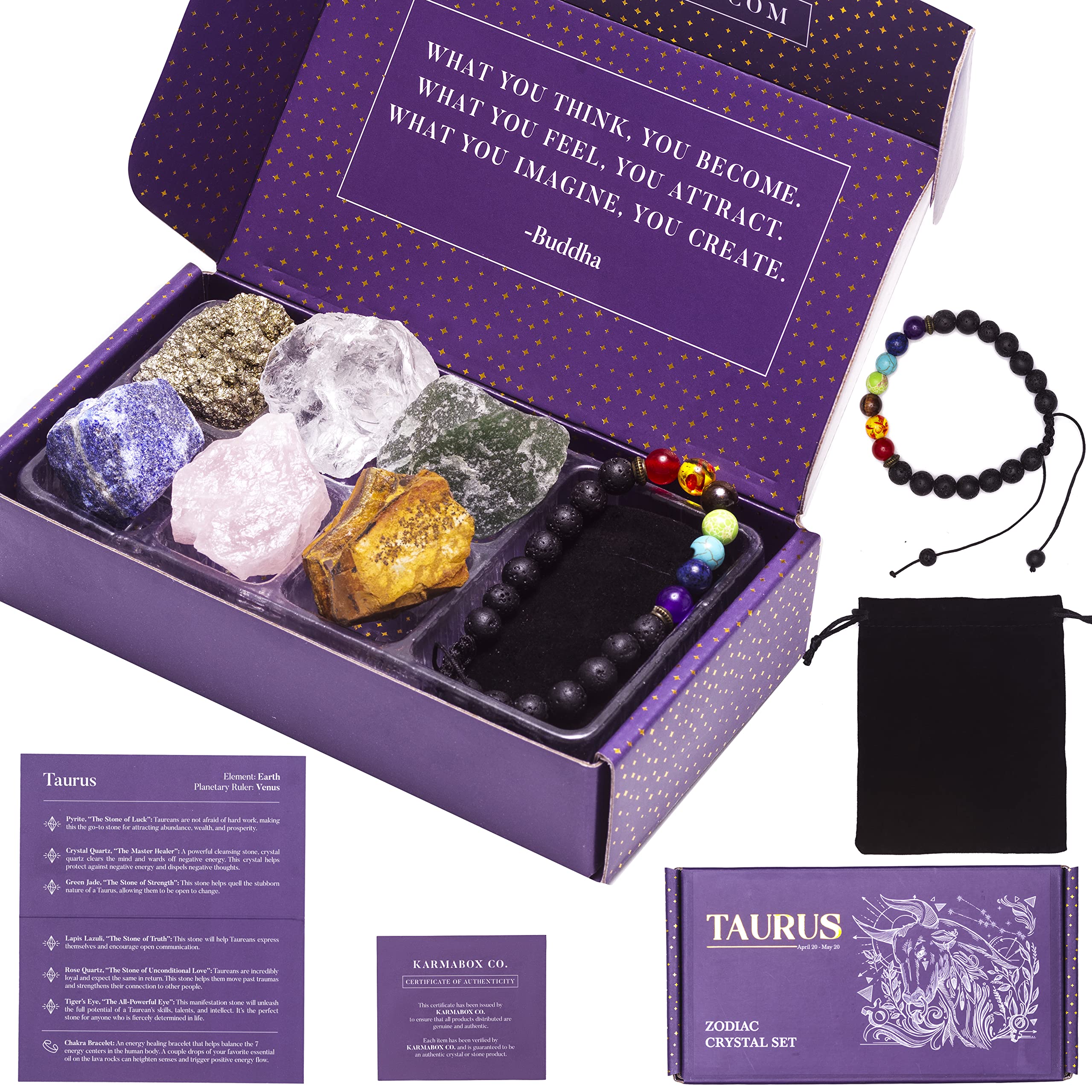 KARMABOX Taurus Gifts for Women - Taurus Crystal Healing Stone Gift Set - 12 Zodiac Signs - Zodiac Gifts - Astrology Gifts for Women - Horoscope Gifts - Birthday Gifts for Women