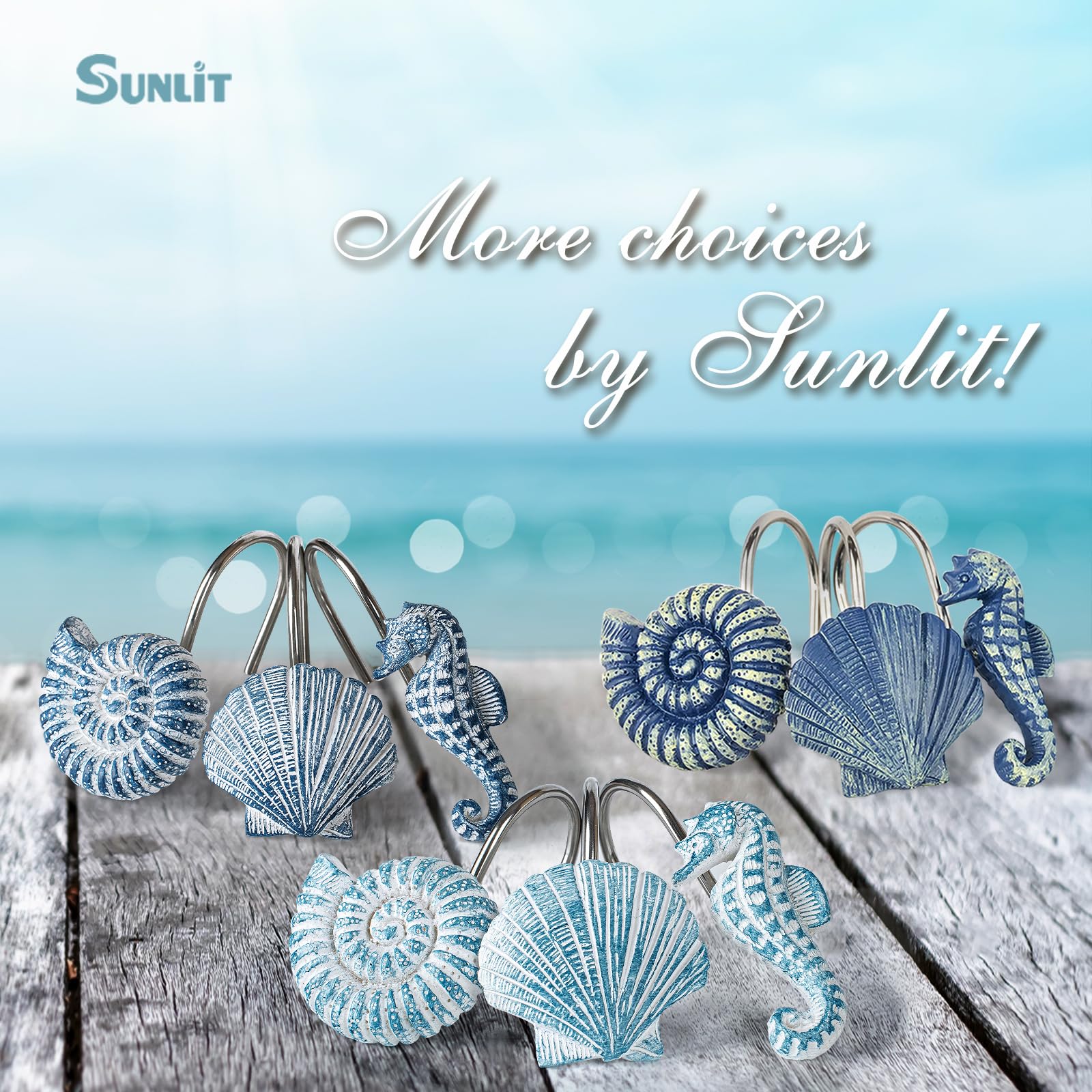 Sunlit 12-Piece Aqua Blue Resin Shower Curtain Hooks, Ocean Creatures Coastal Design, Nautical Bathroom Decoration