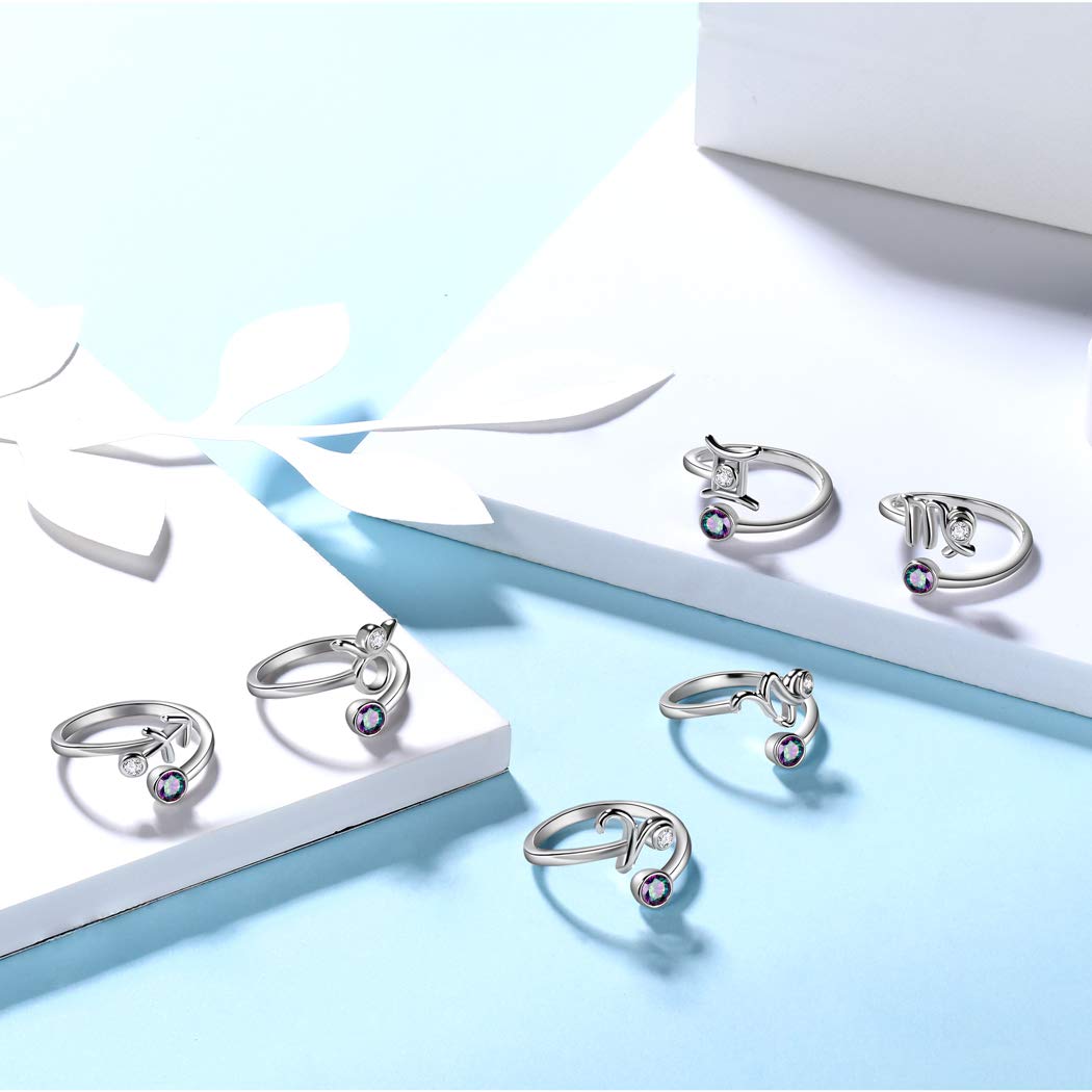 Taurus Zodiac Sign Adjustable Ring Mystic Rainbow Stacking Ring for Women White Gold Over 925 Sterling Silver Constellation Birth Month Ring Jewelry for Birthday Mothers Day Gift for Mom FR036J