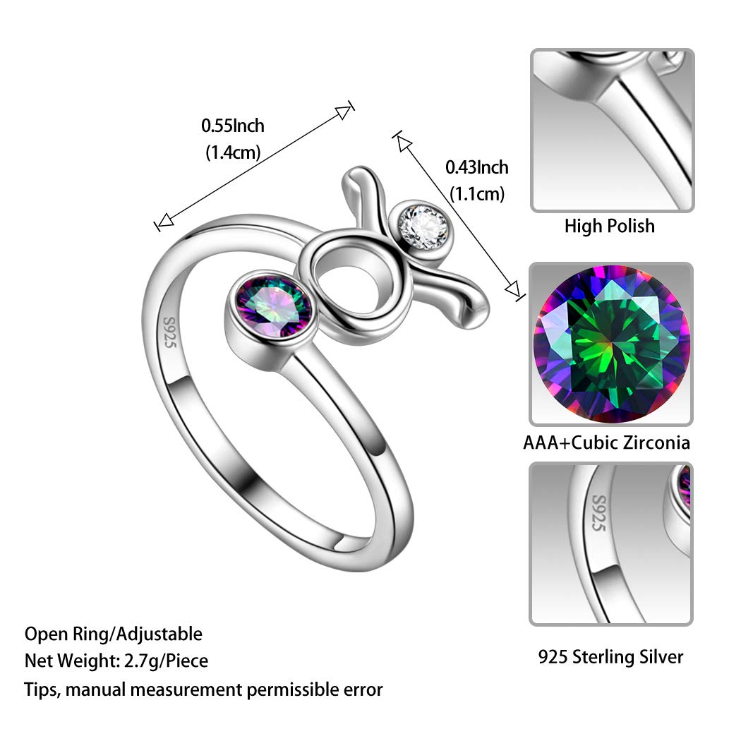 Taurus Zodiac Sign Adjustable Ring Mystic Rainbow Stacking Ring for Women White Gold Over 925 Sterling Silver Constellation Birth Month Ring Jewelry for Birthday Mothers Day Gift for Mom FR036J