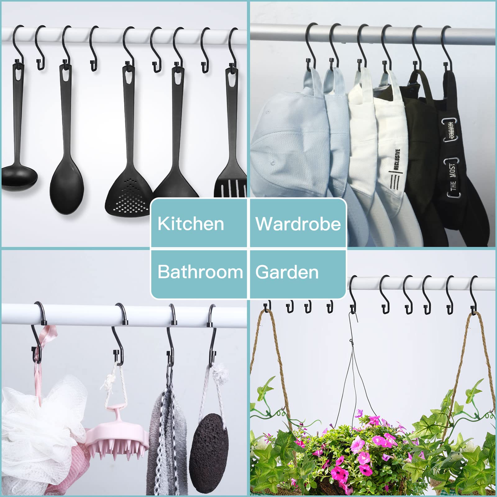 Goowin Shower Curtain Hooks, 12 Pcs S Shape Shower Curtain Rings, Rustproof Black Shower Curtain Rings, Multi-Functional Shower Hooks for Shower Curtain, Kitchen Utensils, Clothing, Towels, Black