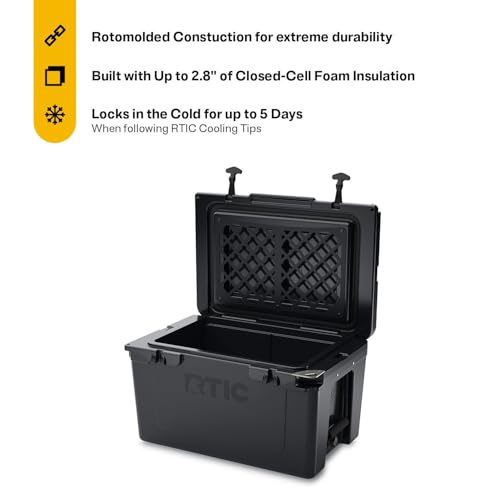 RTIC 45 QT Ultra-Tough Cooler Hard Insulated Portable Ice Chest Box for Beach, Drink, Beverage, Camping, Picnic, Fishing, Boat, Barbecue, Black