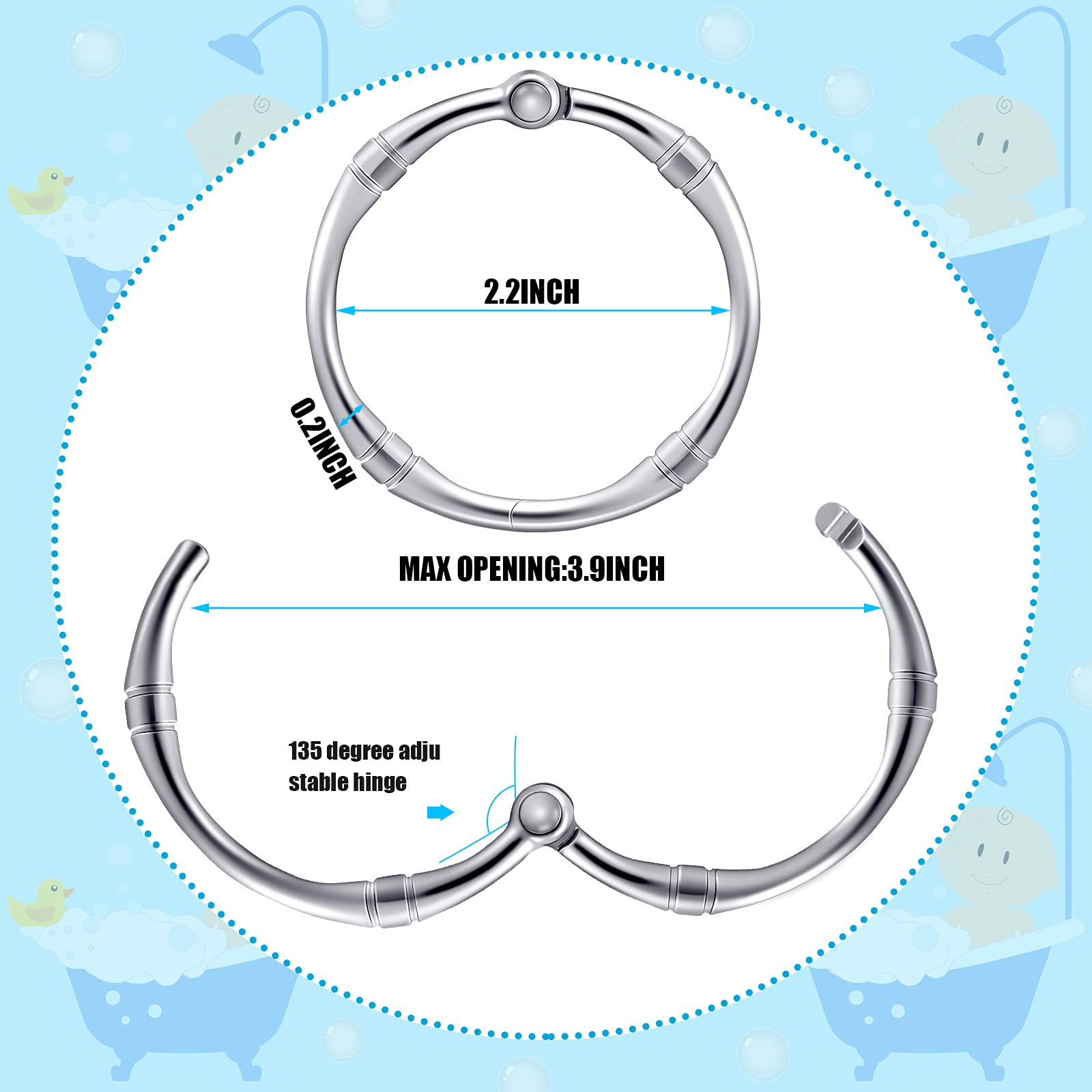 Karenhi 12 Pieces Shower Curtain Ring Metal Circular Rust Resistant Shower Curtain Hook Easy to Open and Close Round Shower Curtain Hook for Bathroom Decoration (Silver, Rustic Style)