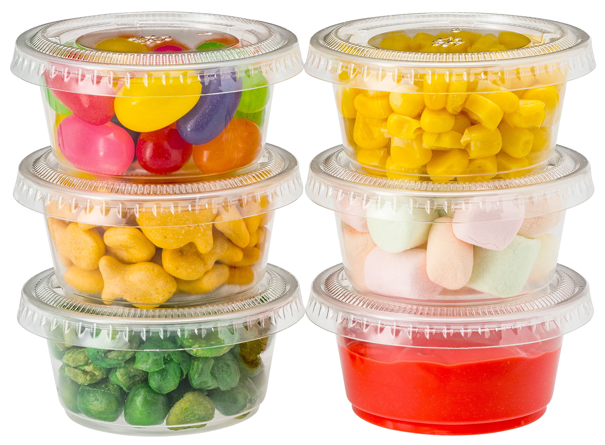 DuraHome Plastic Portion Cups with Lids 2 oz. Pack of 150 Leakproof Jello Shot Cup Mini Containers for Salad Dressing Sauce Condiment Snack Souffle and Salsa, Disposable