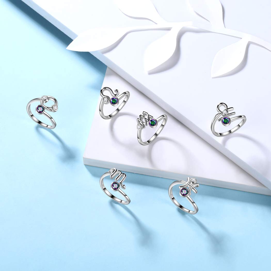 Taurus Zodiac Sign Adjustable Ring Mystic Rainbow Stacking Ring for Women White Gold Over 925 Sterling Silver Constellation Birth Month Ring Jewelry for Birthday Mothers Day Gift for Mom FR036J