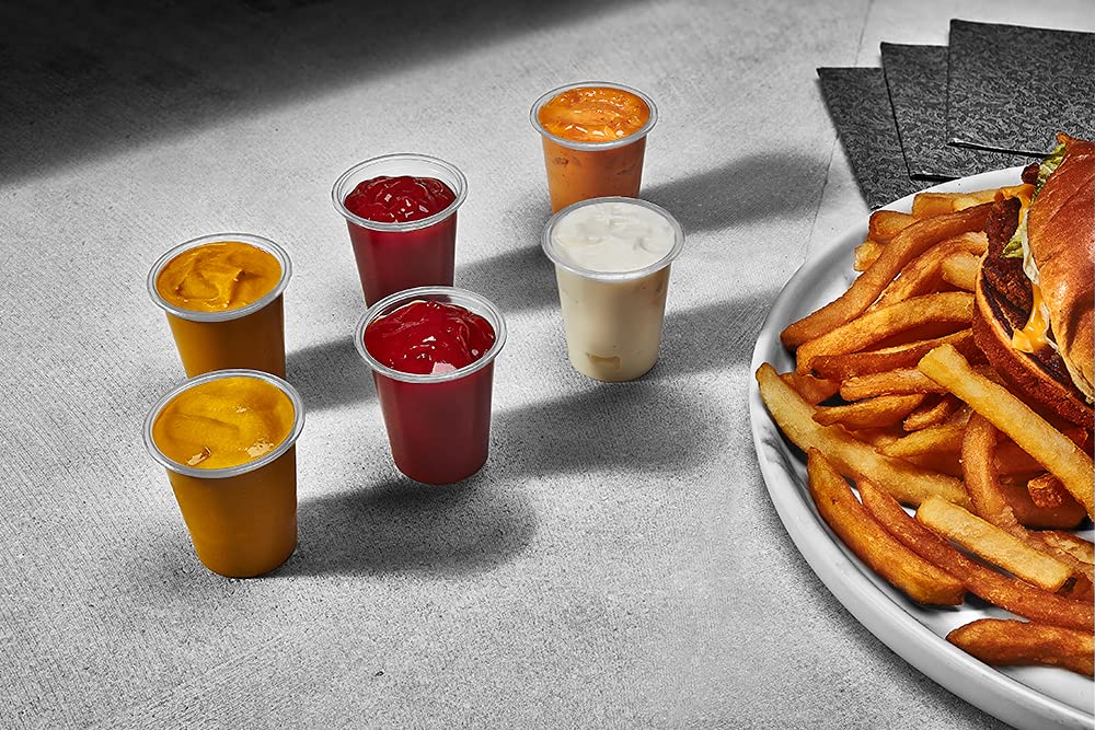 KingZak 150 Sets - 2oz, Disposable Mini Plastic Jello Shot Cups With Lids Perfect For Portion Souffle, Condiment, Dipping Sauce, Salad Dressing And More